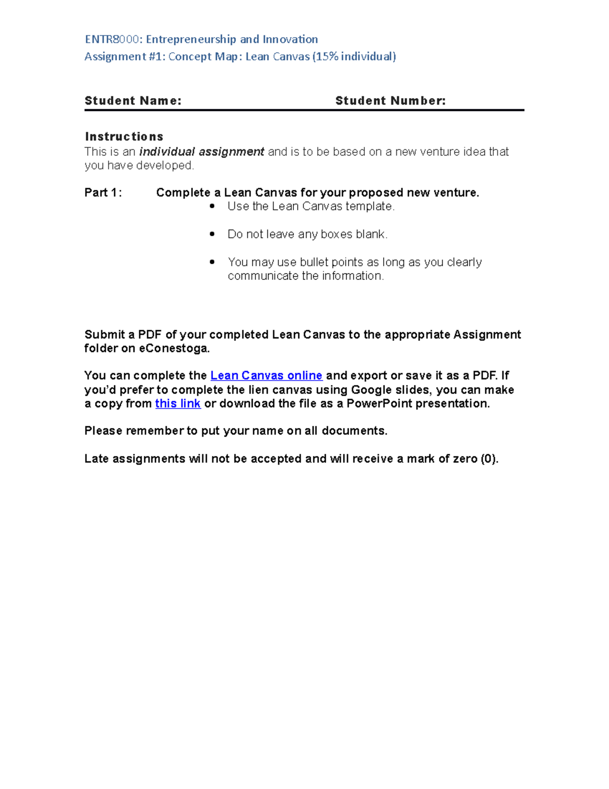 ENTR8000 Assignment 1 Lean Canvas - ENTR8000: Entrepreneurship and ...