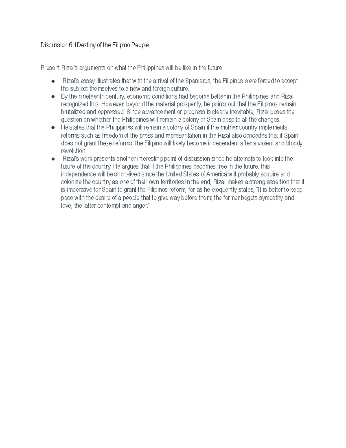 RLW Discussion 6 - Destiny of the Filipino People - Discussion 6 of the ...