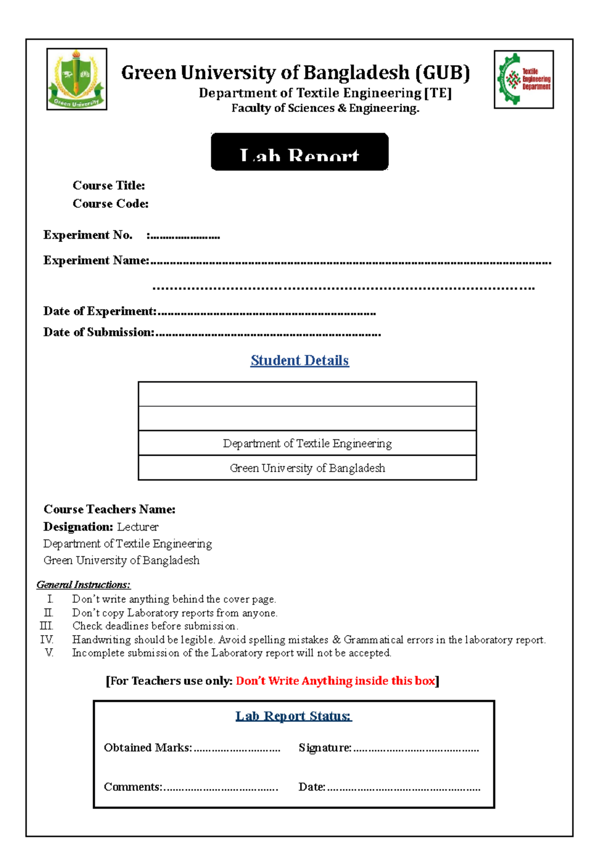 Lab Report Top Page template - Green University of Bangladesh (GUB ...