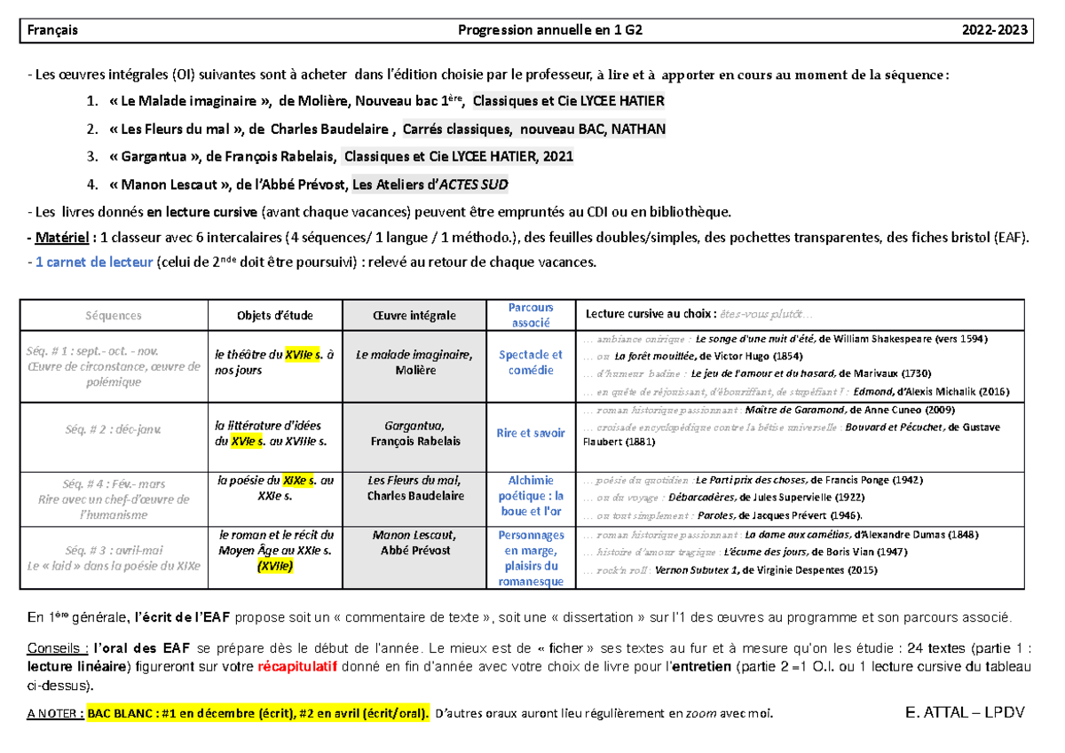 Livre bac - liste - Français Progression annuelle en 1 G 2 2022 - 2023 ...
