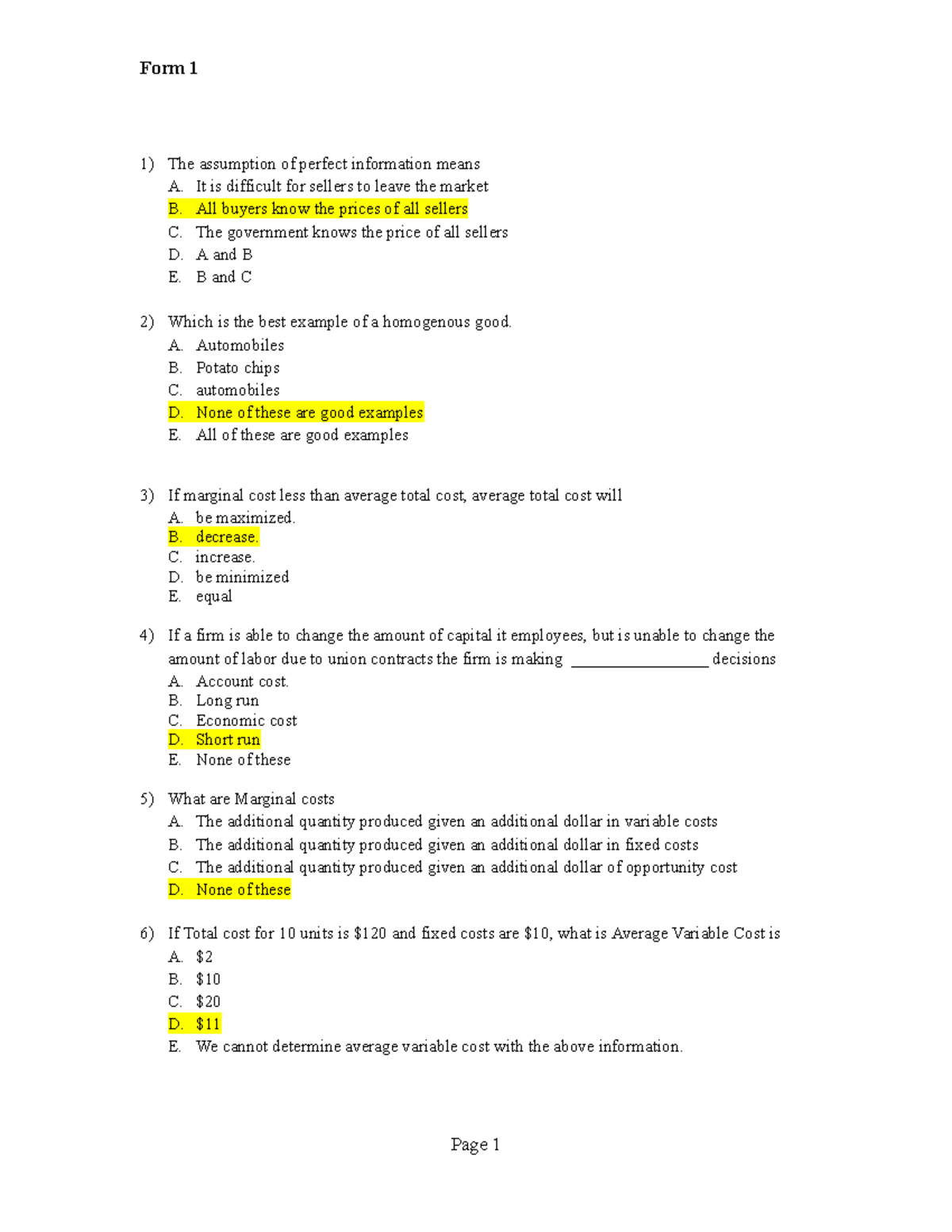Form 1 Economics Quiz - Studocu