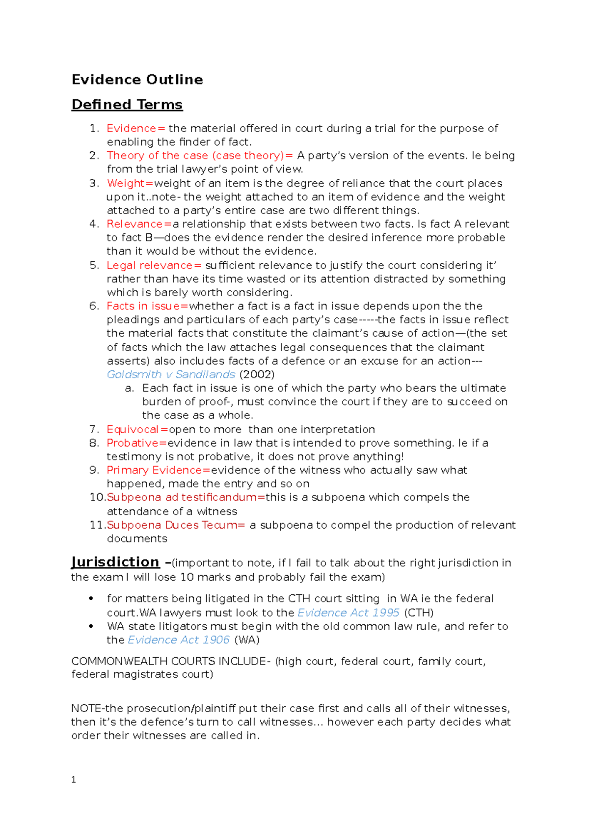 Evidence Outline- yes no map exam 2016 - Evidence Outline Defined Terms ...