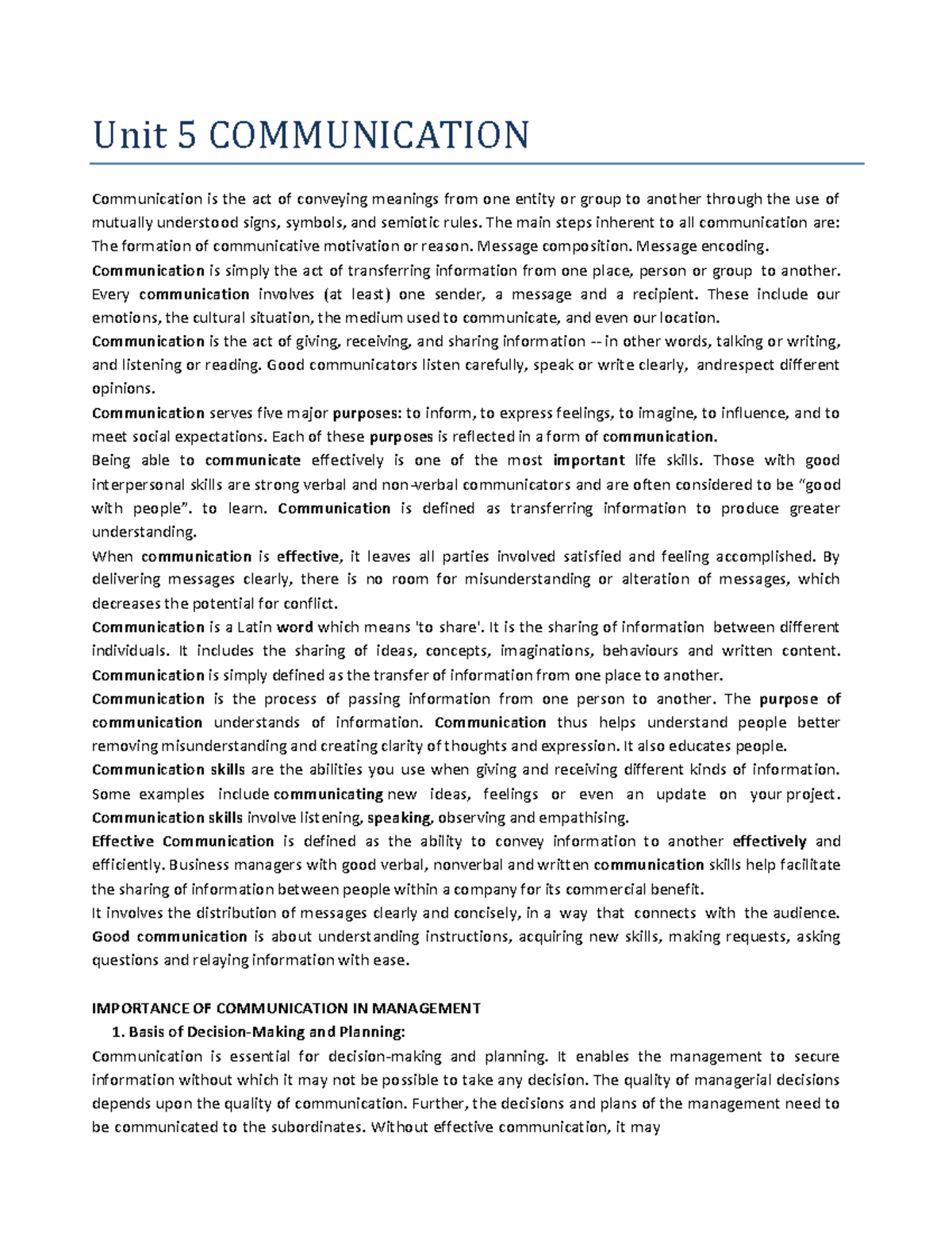 Unit 5 Communication - Unit 5 COMMUNICATION Communication is the act of ...