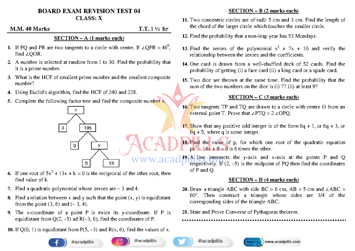 Math revision test papers 4 - BOARD EXAM REVISION TEST 04 CLASS: X M ...