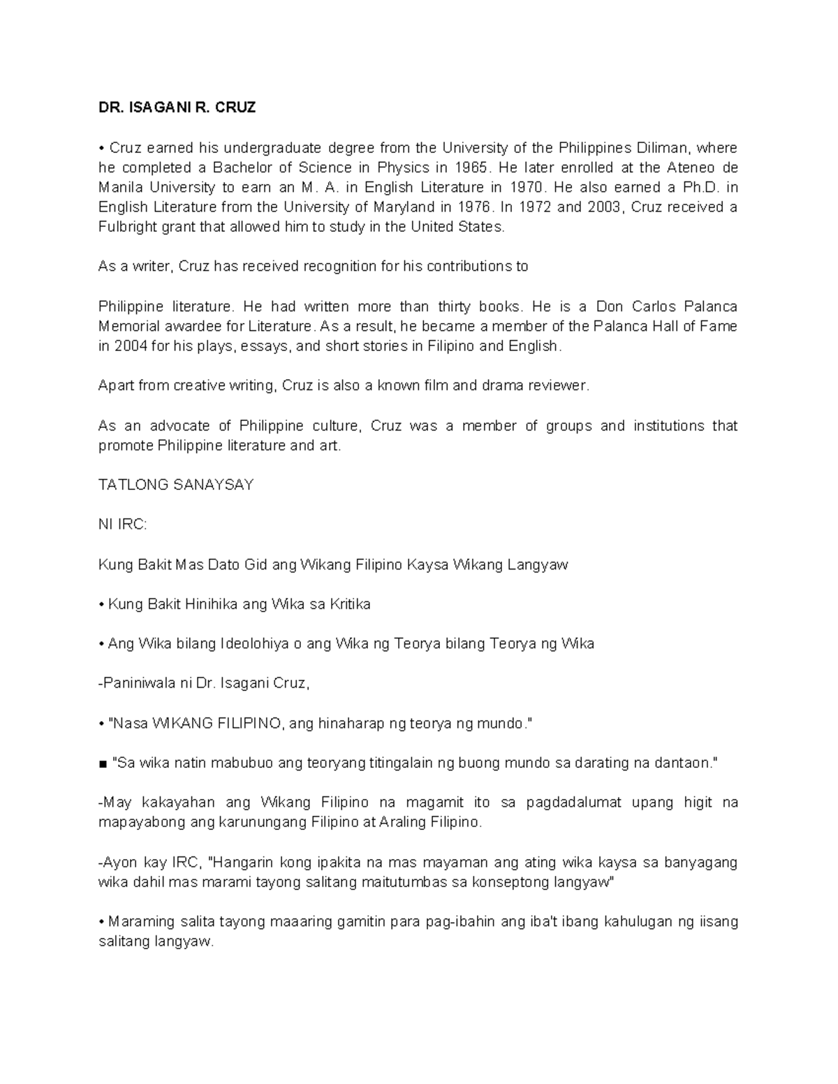 Dalumatttt - DALUMAT - DR. ISAGANI R. CRUZ Cruz earned his ...