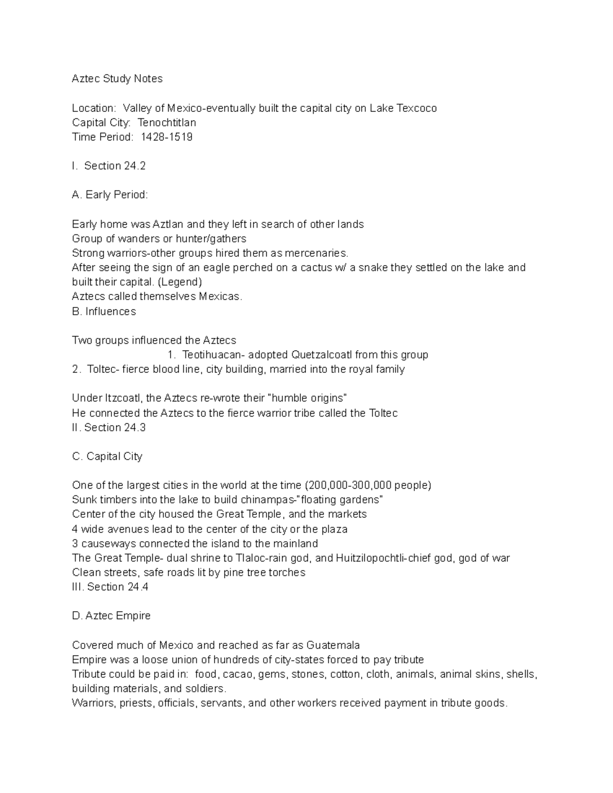 Aztec Notes - Aztec Study Notes Location: Valley of Mexico-eventually ...