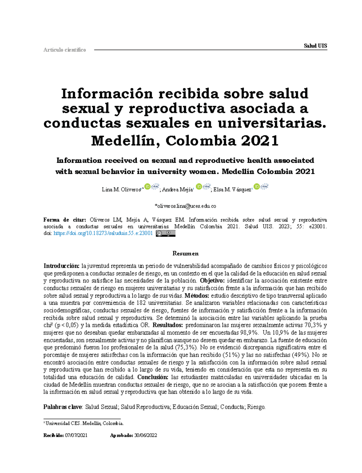 Información recibida sobre salud sexual y reproductiva - Artículo ...