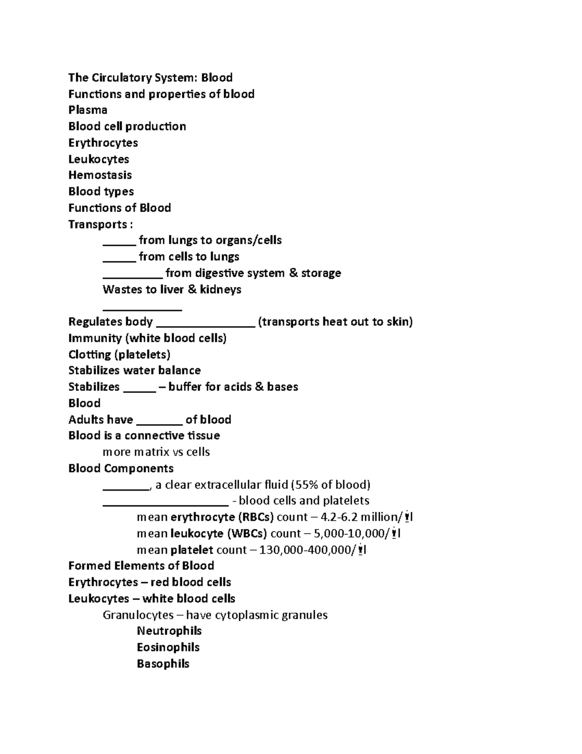 1 - Blood Class Notes - The Circulatory System: Blood Functions and ...