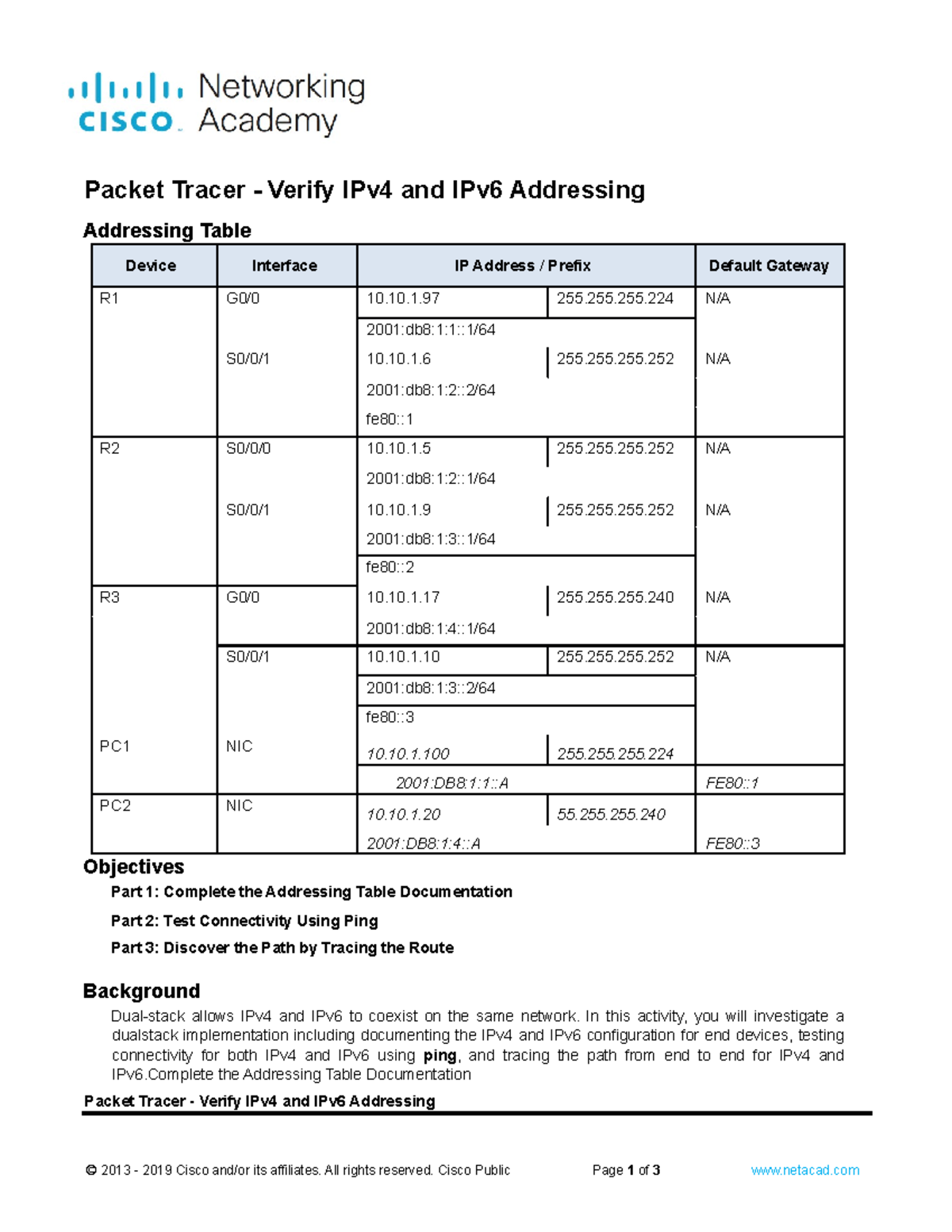 13.2.6-packet tracer - Packet Tracer - Verify IPv4 and IPv6 Addressing Addressing Table Device ...