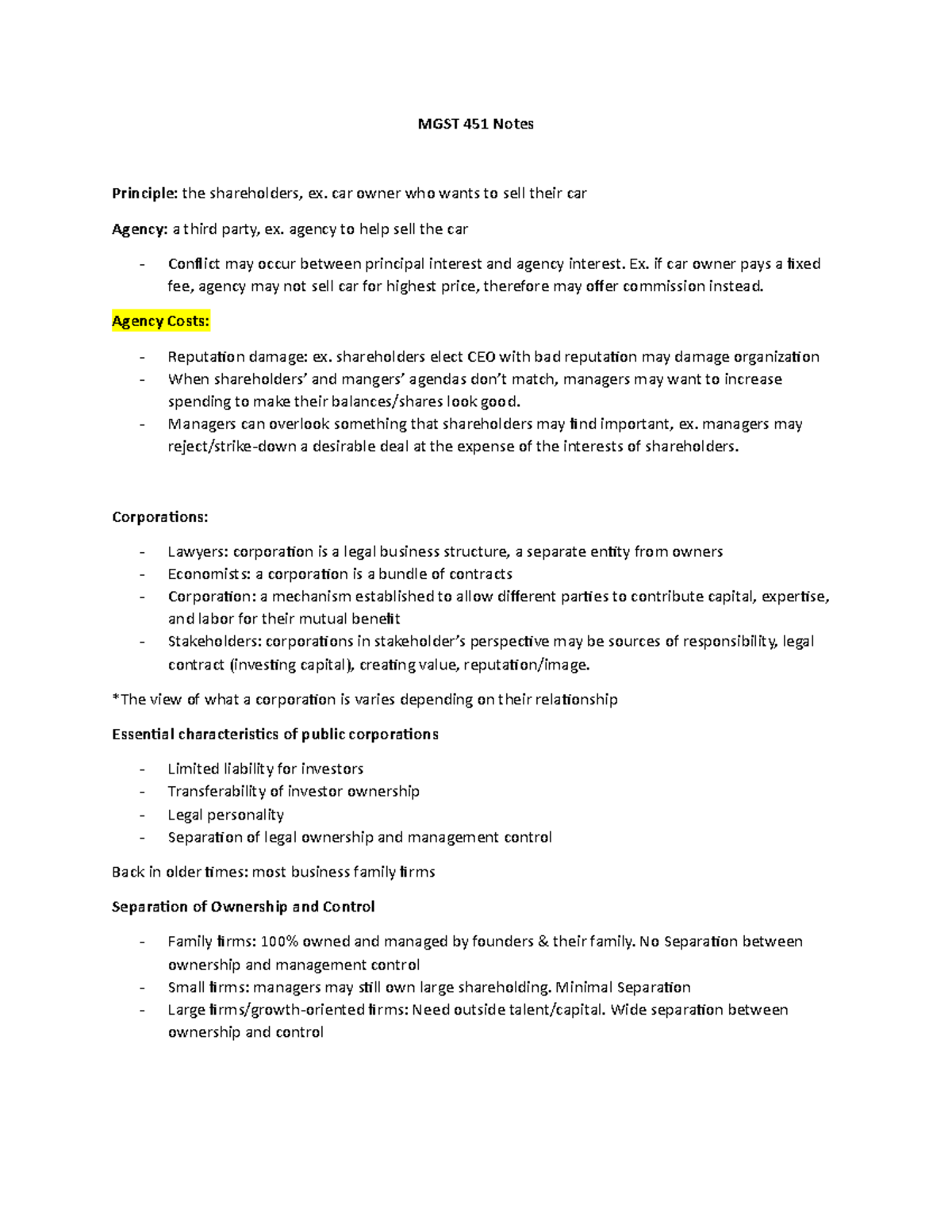 MGST 451 Notes - MGST 451 Notes Principle: the shareholders, ex. car ...