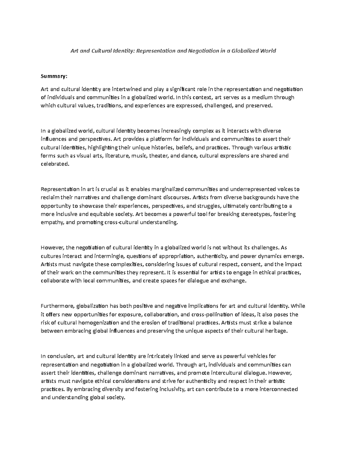 Art and Cultural Identity — Representation and Negotiation in a ...
