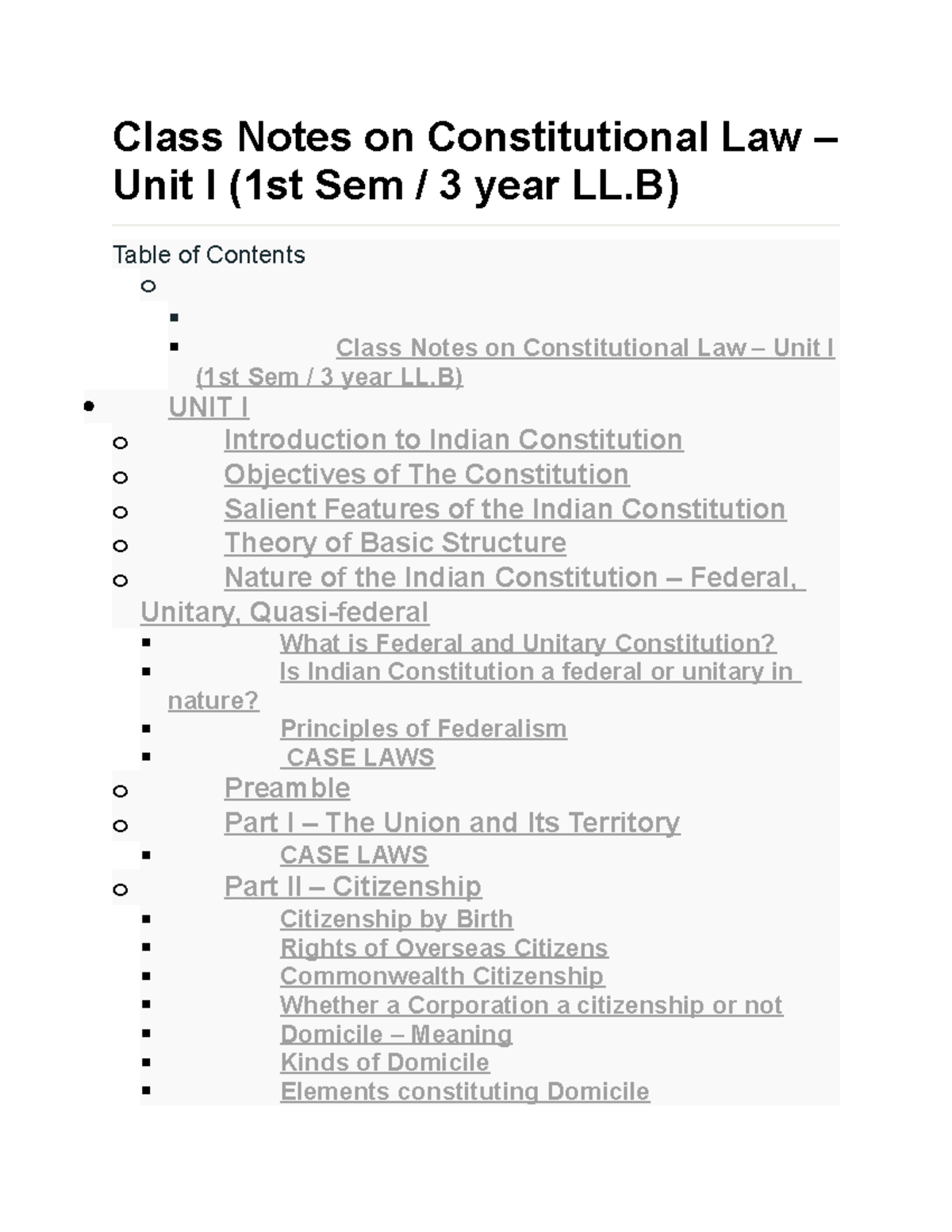 Constitutional law notes - Class Notes on Constitutional Law – Unit I ...