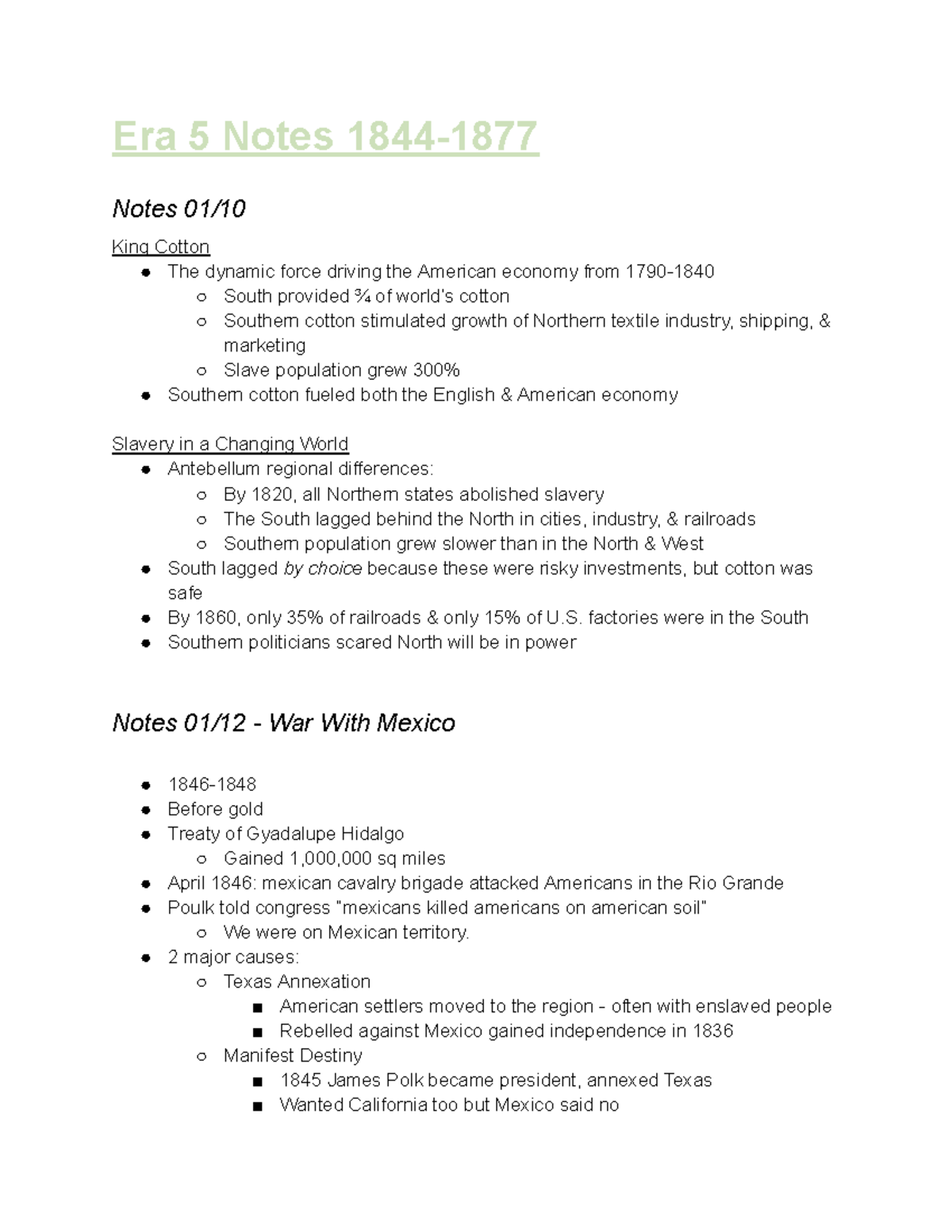 Era 5 Notes 1844-1877 - Era 5 Notes 1844- Notes 01/ King Cotton The ...