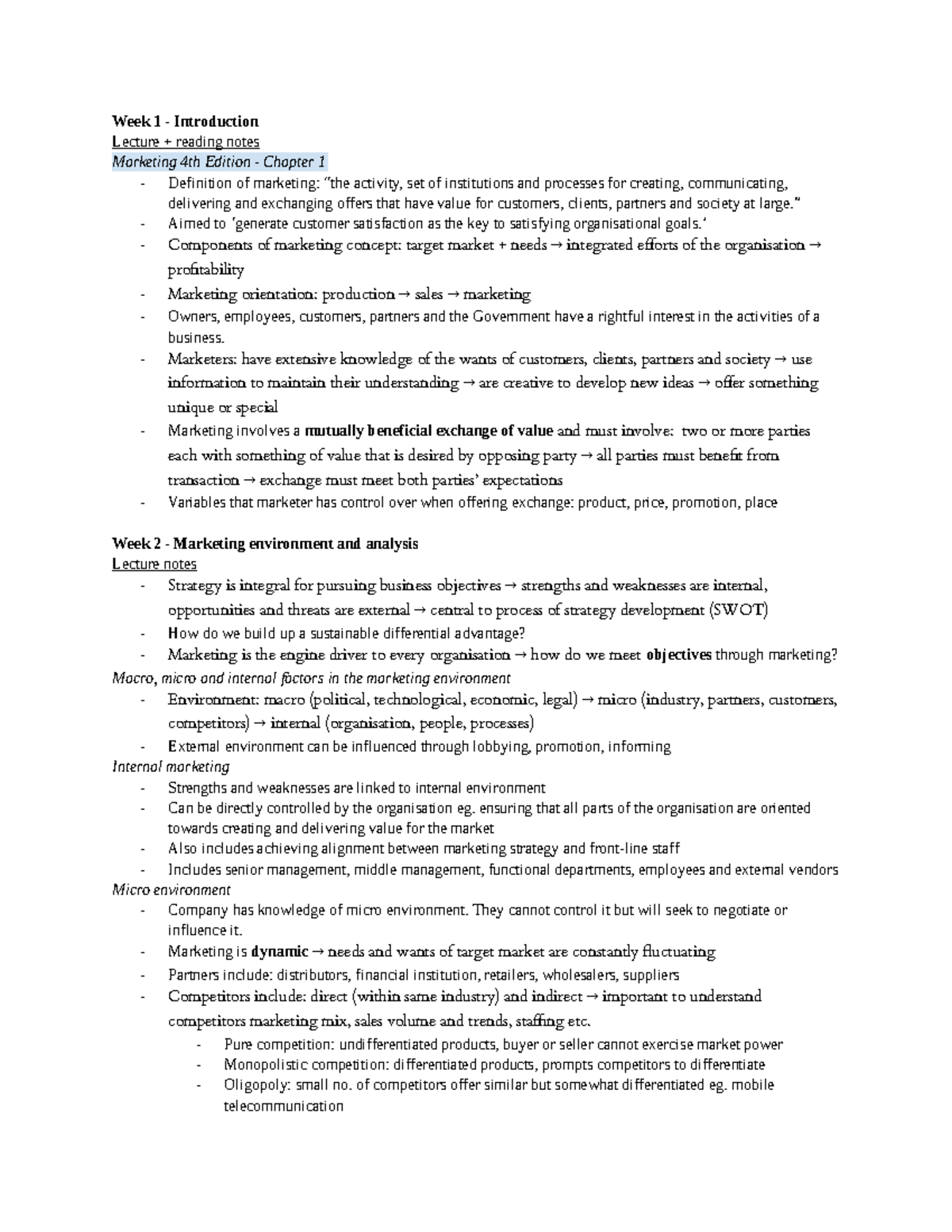 MKTG 101 notes - Week 1 - Introduction Lecture + reading notes ...