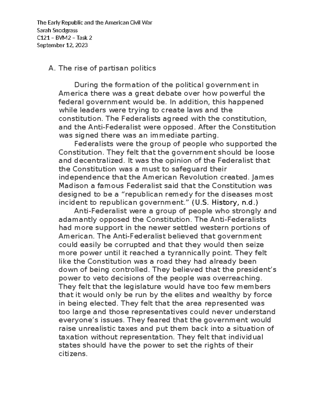 The Early Republic of the American Civil War - US History Task 2 ...