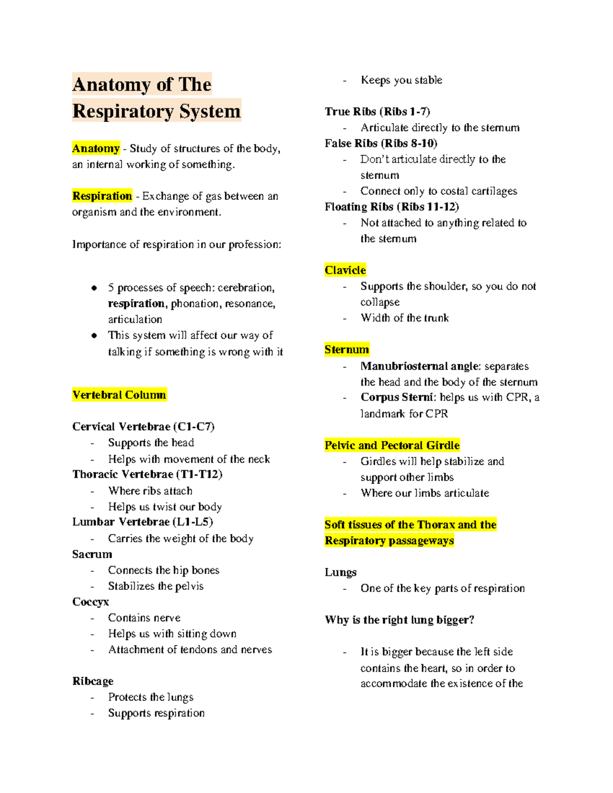 Anatomy Unit 1 - Anatomy of The Respiratory System Anatomy - Study of ...