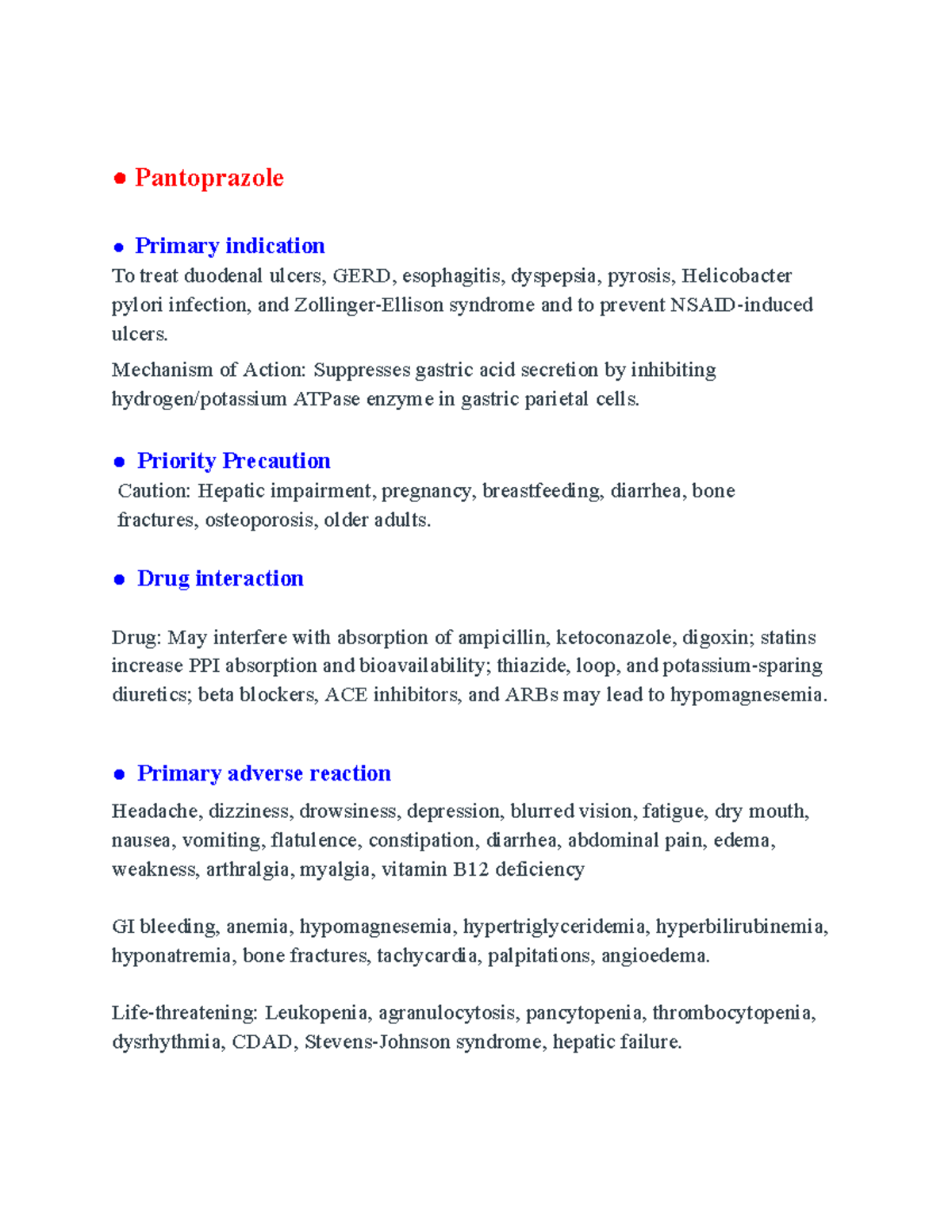 Med card 1 - Summary Medsurg - Pantoprazole Primary indication To treat ...