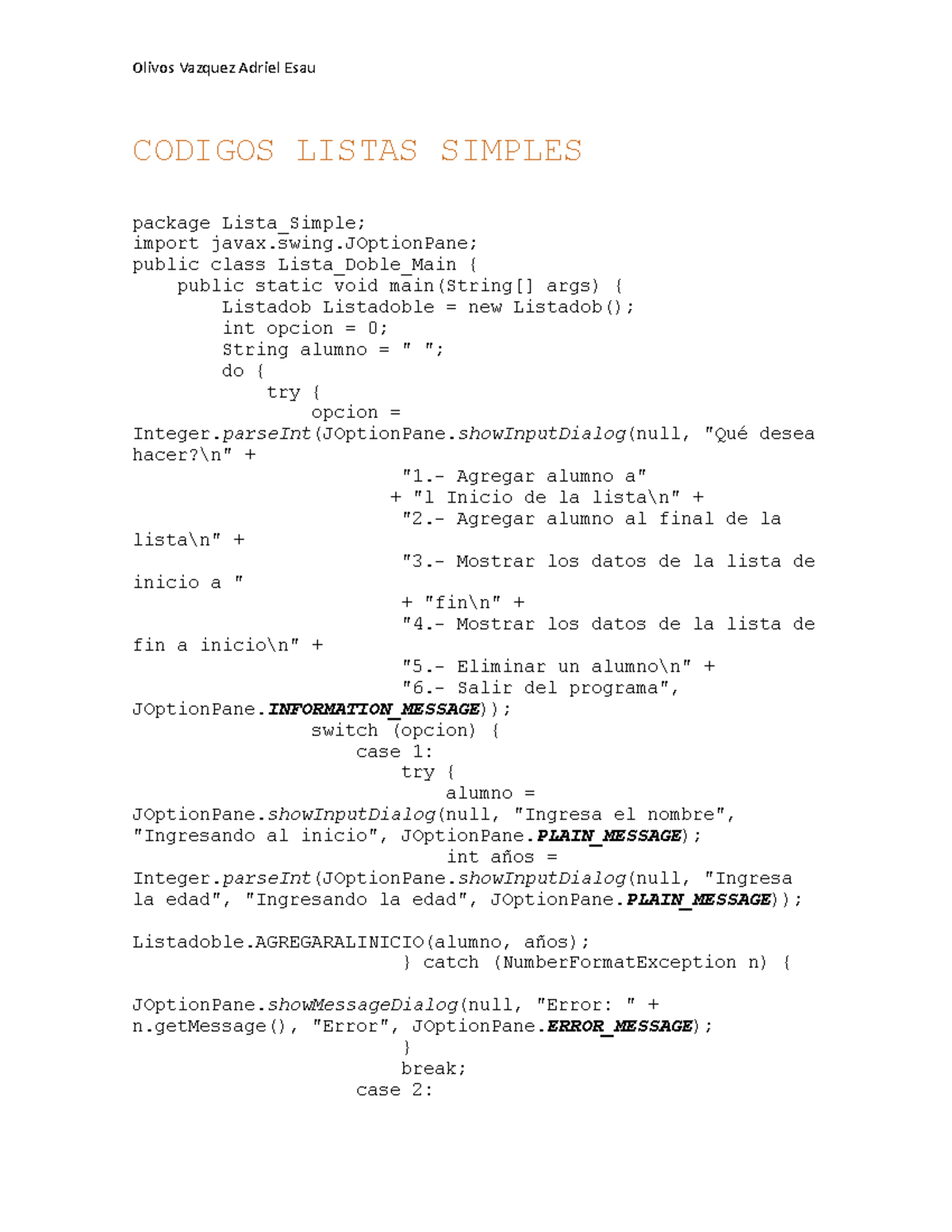 Codigos Unidad 3 Olivos Vazquez Adrielesau - CODIGOS LISTAS SIMPLES ...
