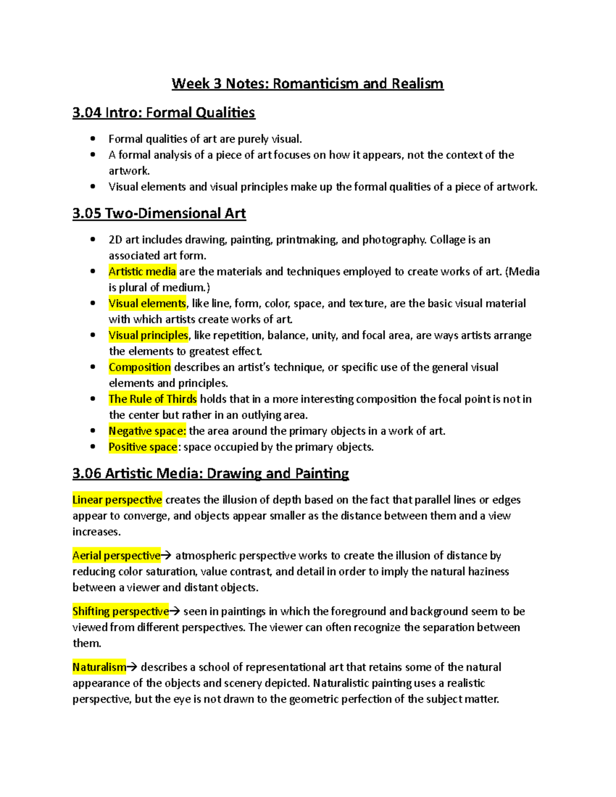 Week 3 Notes - Week 3 Notes: Romanticism and Realism 3 Intro: Formal ...