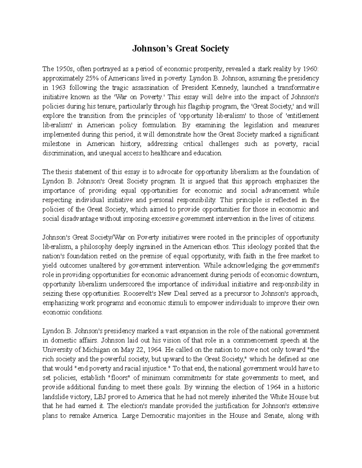 Johnson's great society - Johnson’s Great Society The 1950s, often ...