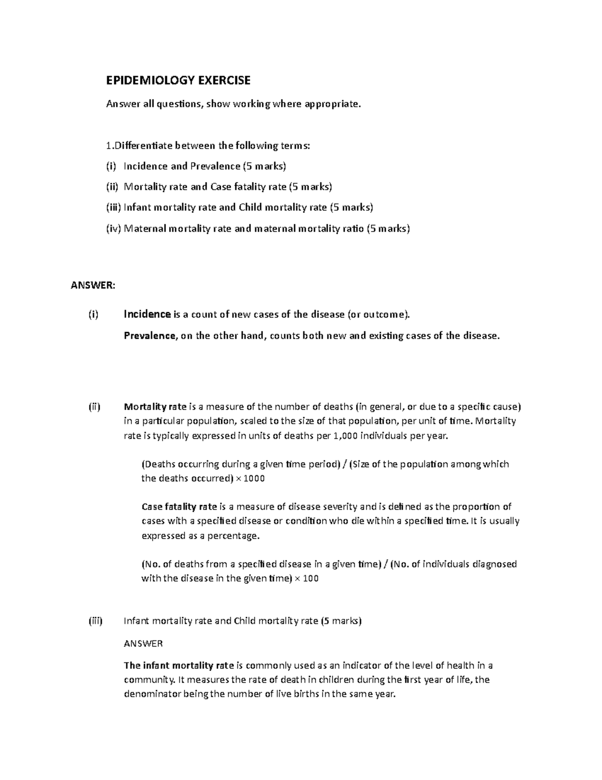 Measures of disease frequency - EPIDEMIOLOGY EXERCISE Answer all ...