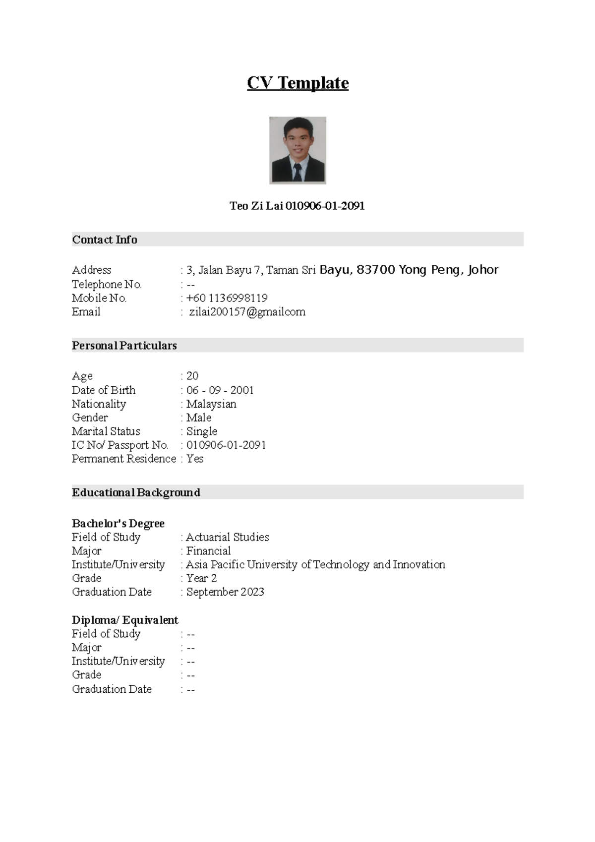 02. CV Template - jkkkkkkkkkkk - CV Template Teo Zi Lai 010906-01 ...