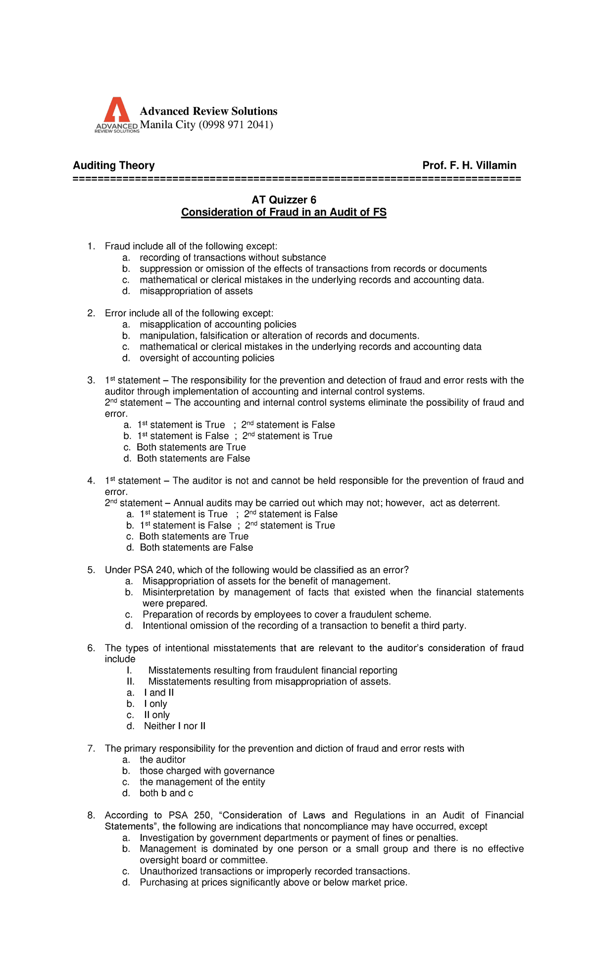 AT Quizzer 6 Fraud Consideration May 2024 - Advanced Review Solutions ...