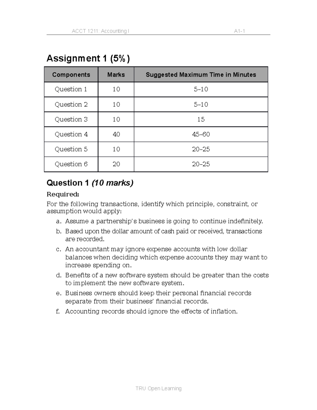 ACCT1211 SW5 - mandatory - ACCT 1211: Accounting I A1- Assignment 1 (5% ...
