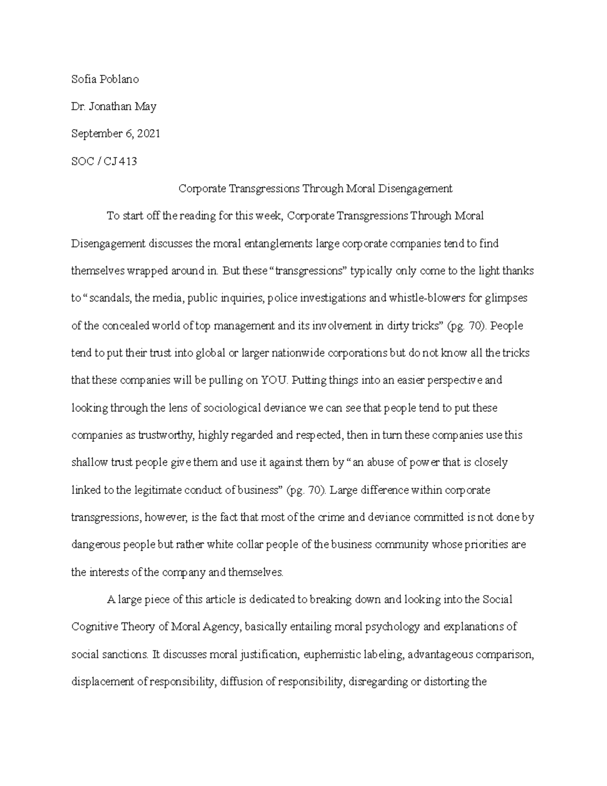 CJ 413 Reading Summary 2 - Sofia Poblano Dr. Jonathan May September 6 ...