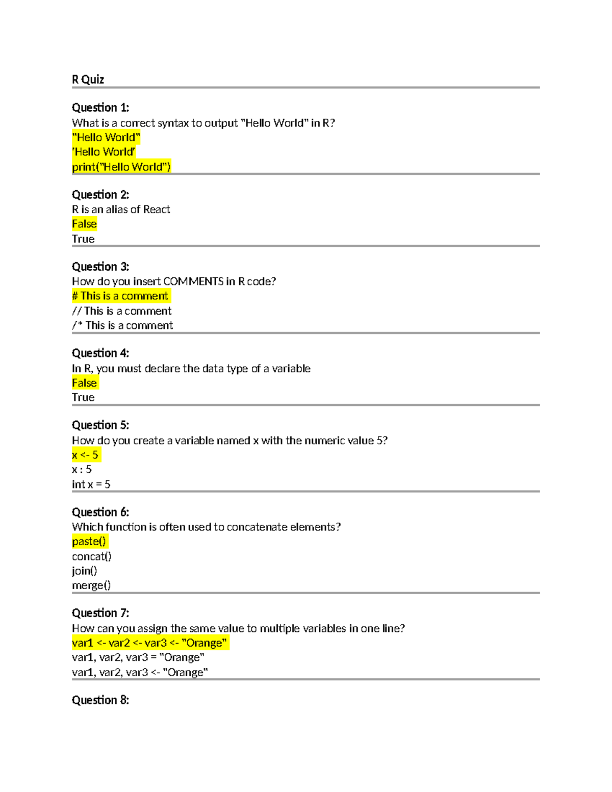R Quiz - quizes - R Quiz Question 1: What is a correct syntax to output "Hello World" in - Studocu
