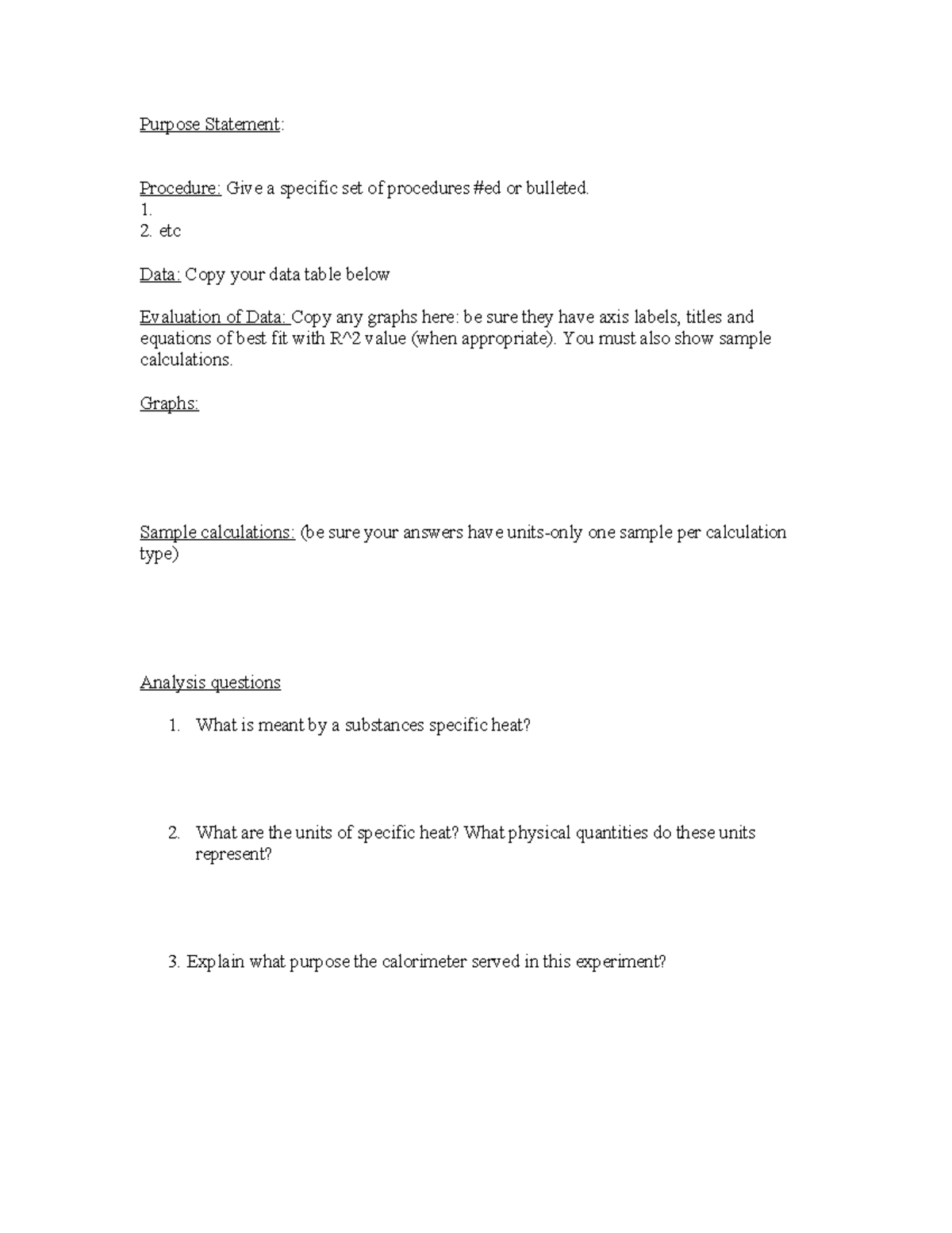 Specific heat lab template-1 - Purpose Statement: Procedure: Give a ...