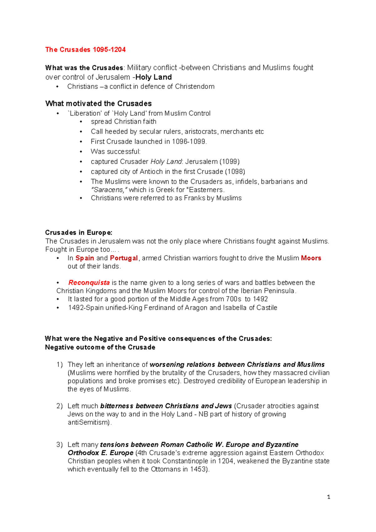 Lecture Notes Crusades and the Plague 2020 - The Crusades 1095- What ...