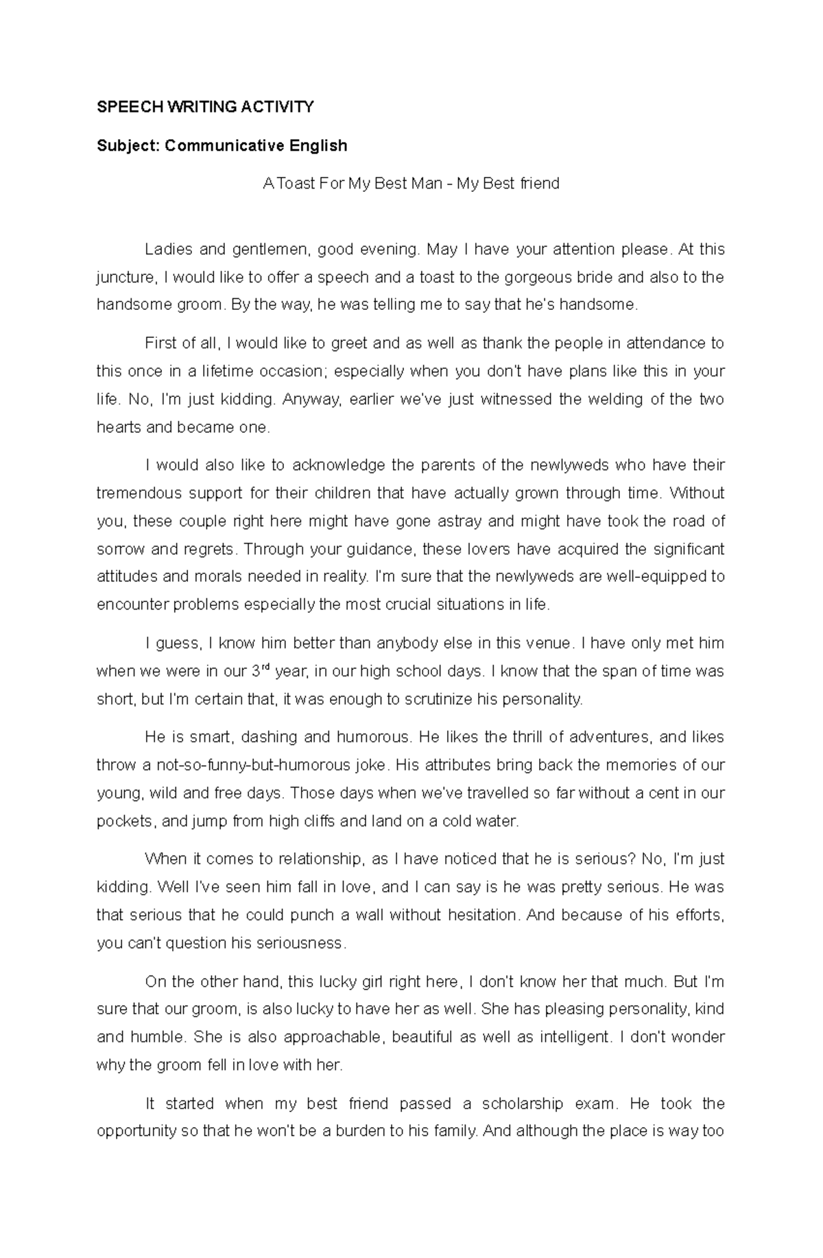 Literature Speech Writing Activity - SPEECH WRITING ACTIVITY Subject ...