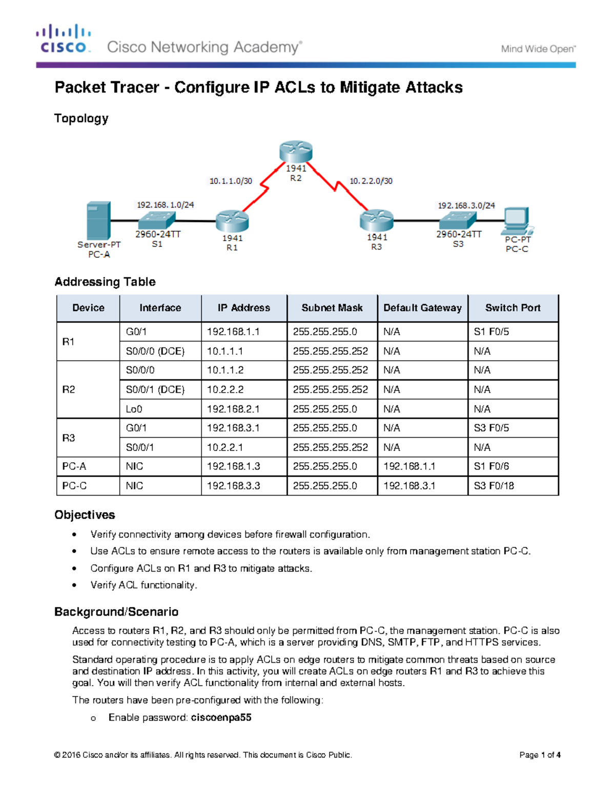 4125 Packet Tracer Configure Ip Acls To Mitigate Attacks Topology Addressing Table Device