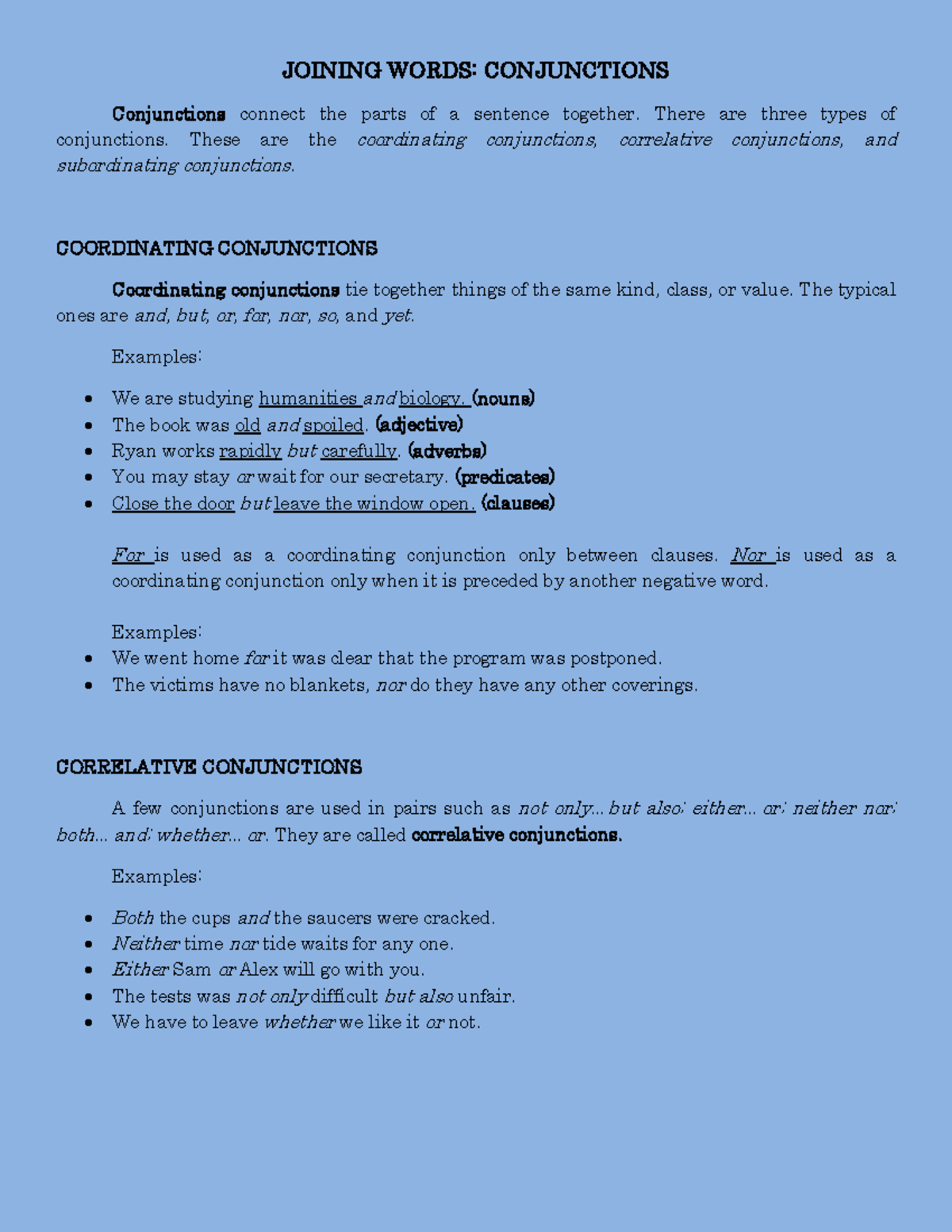 Joining Words Conjunctions - JOINING WORDS: CONJUNCTIONS Conjunctions ...
