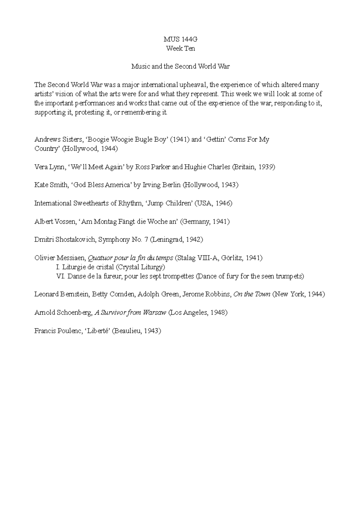 144G Week 10 WWII - Lecture notes for MUS144G Week 10 on music in World ...