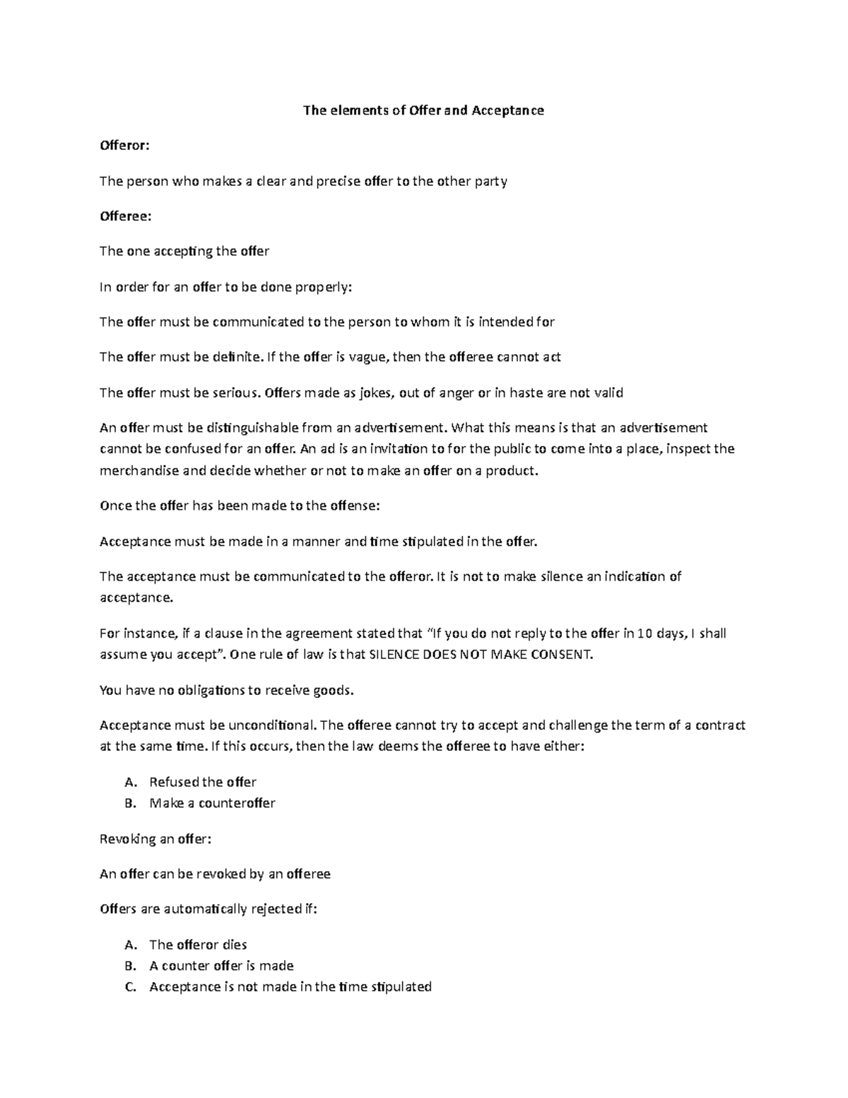 The elements of Offer and Acceptance - The elements of Offer and ...