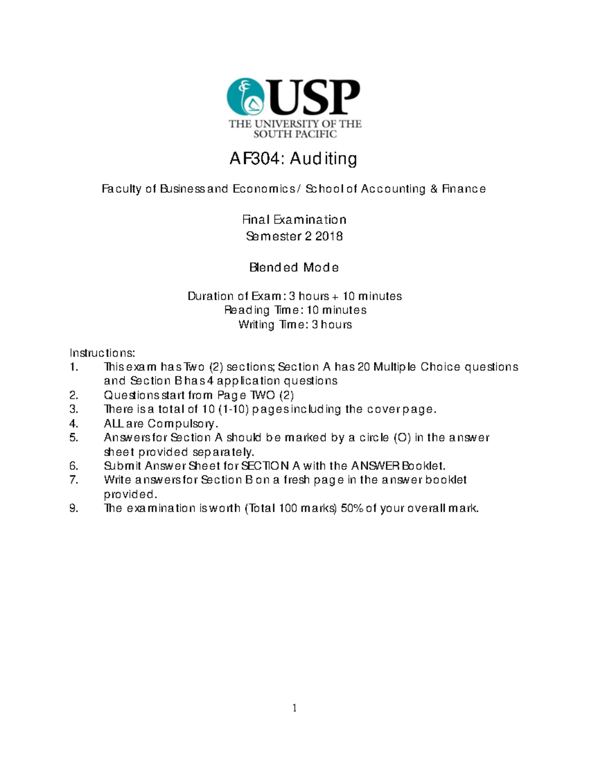 AF304 Exam 2018 - FYI - AF304: Auditing Faculty of Business and ...