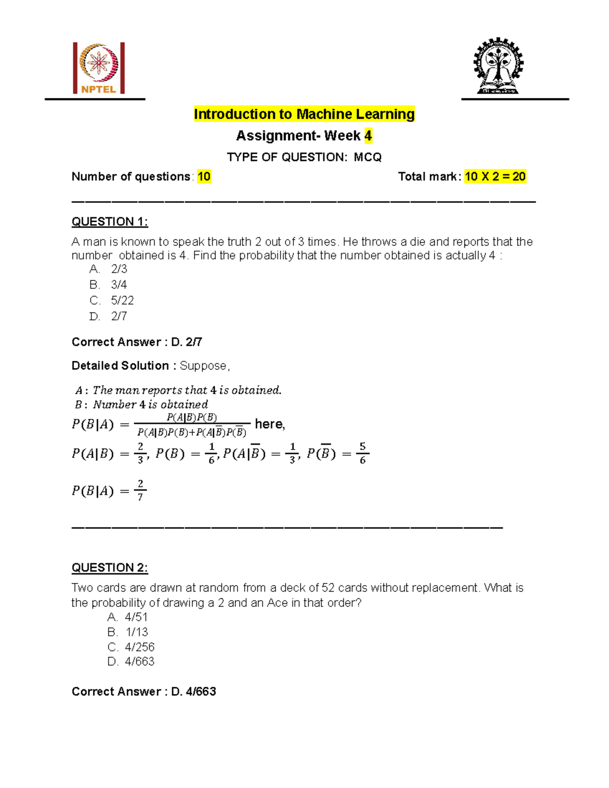 Assignment 4 Solution - Good - Introduction to Machine Learning Assignment- Week 4 TYPE OF ...