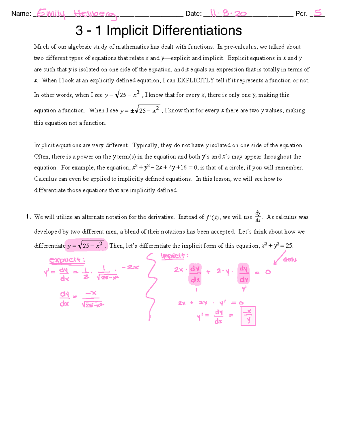 3-1 Implicit differentiation - Much of our algebraic study of ...