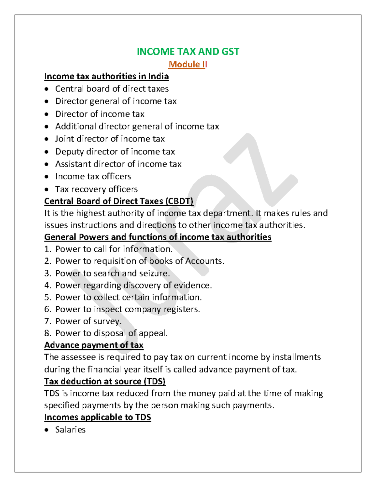 Module II- Income tax and GST - INCOME TAX AND GST Module II Income tax authorities in India ...