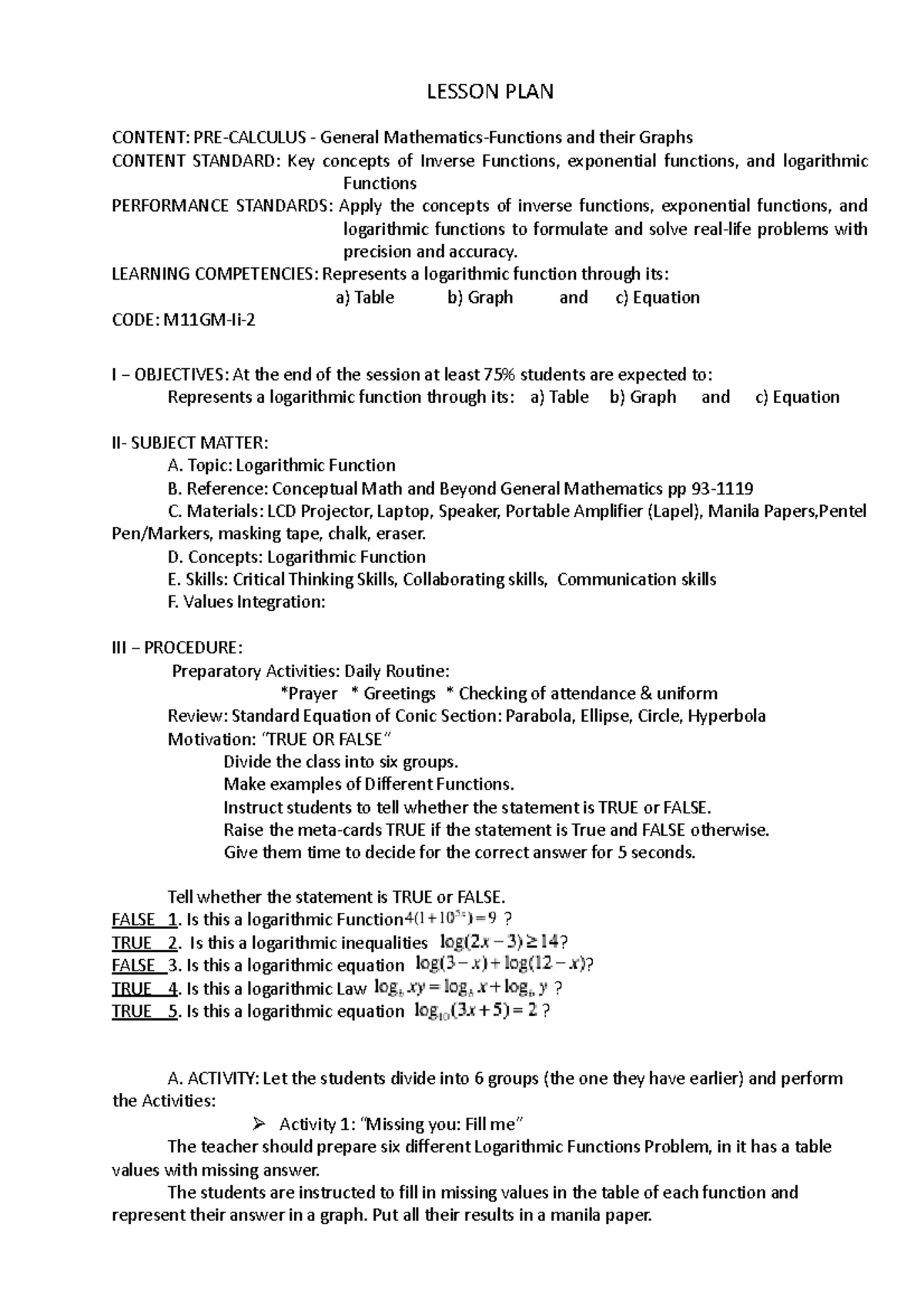 Ii-2 - math - LESSON PLAN CONTENT: PRE-CALCULUS - General Mathematics ...
