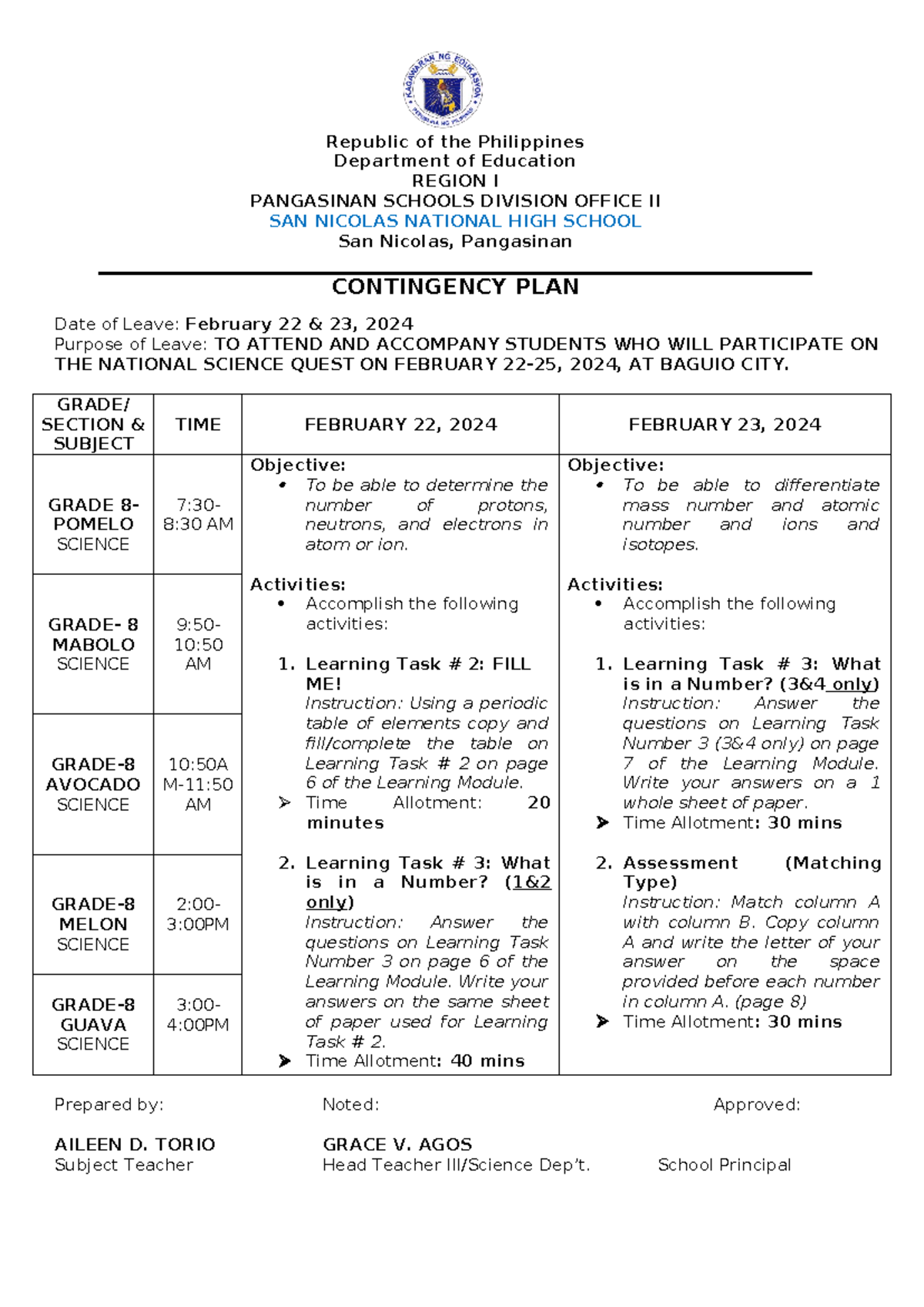 Contingency PLAN NSQ - Republic of the Philippines Department of ...