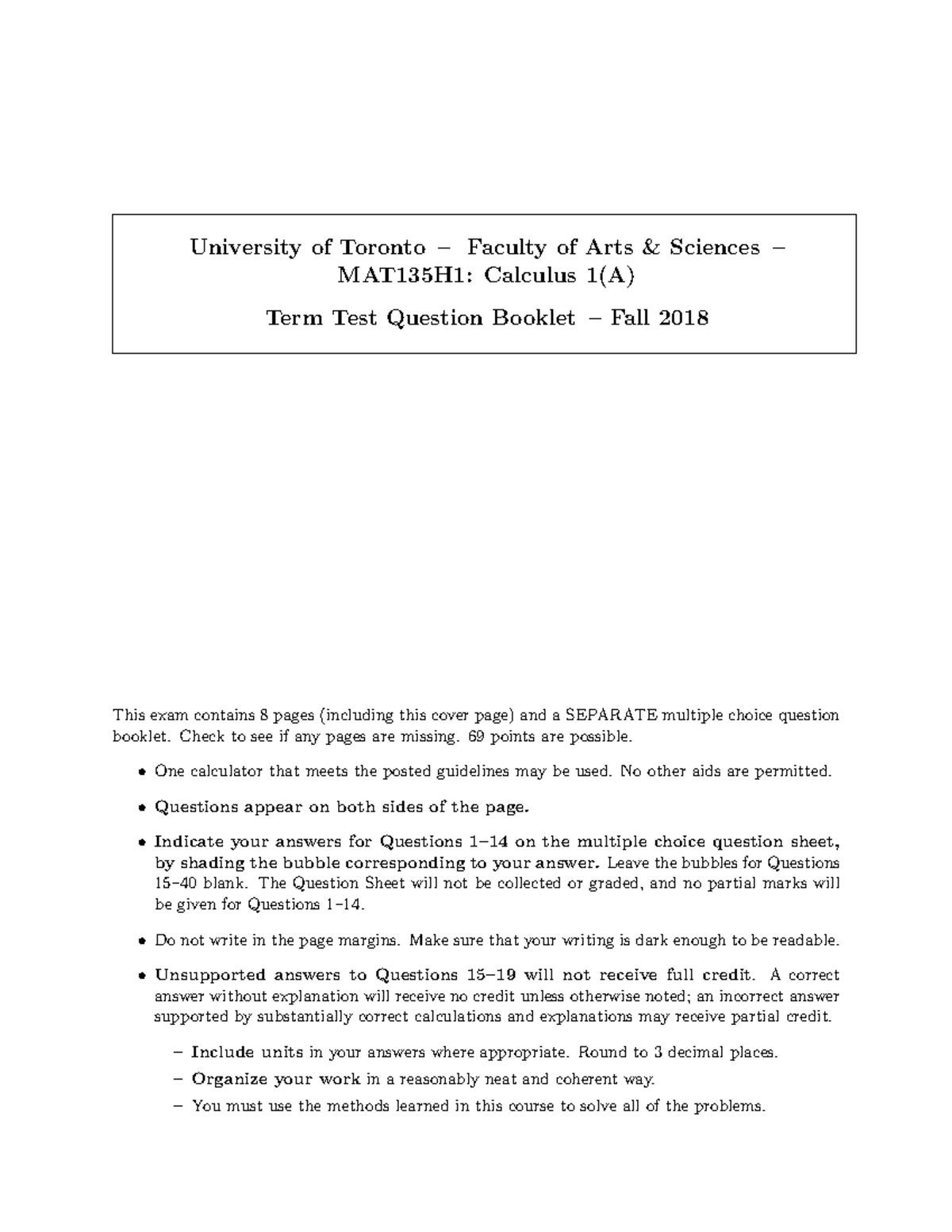 Official Term Test Fall 2018 Question Sheet with Solutions - University ...