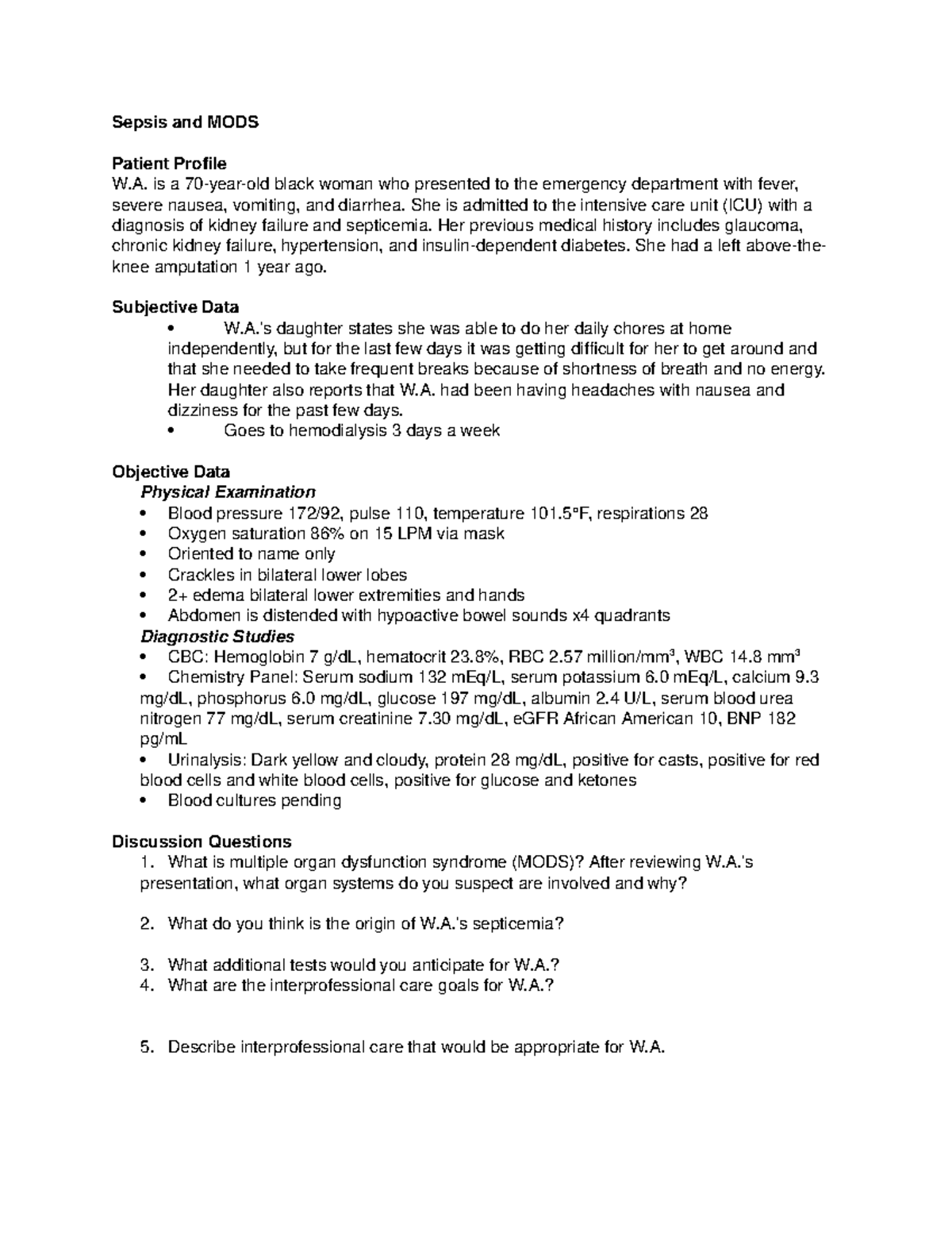 Sepsis and MODS Case study - BIOL 1108 - UGA - Studocu