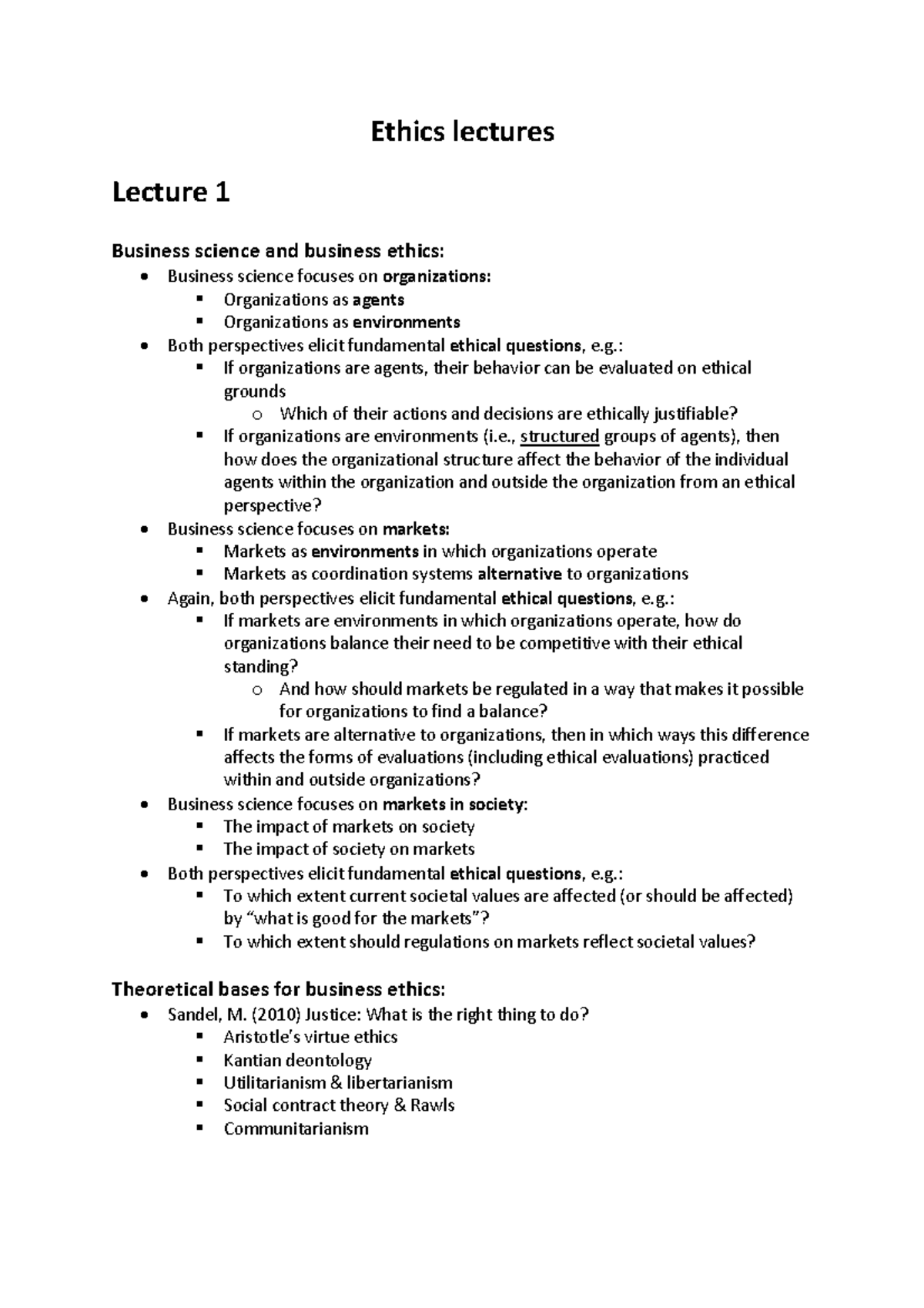 Ethics lectures overview - Ethics lectures Lecture 1 Business science ...