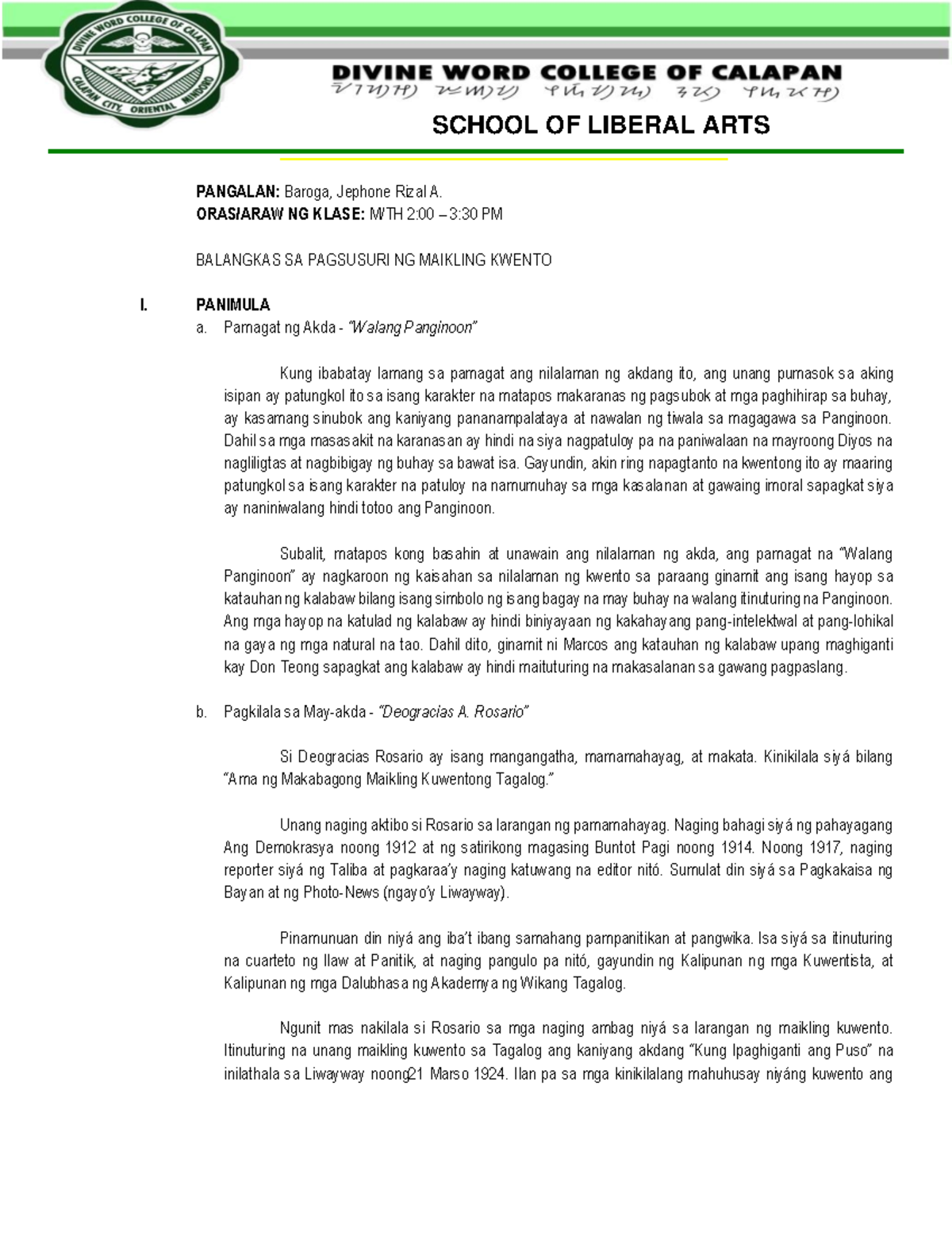 Pagsusuri - Maikling Kuwento - Baroga - SCHOOL OF LIBERAL ARTS PANGALAN ...