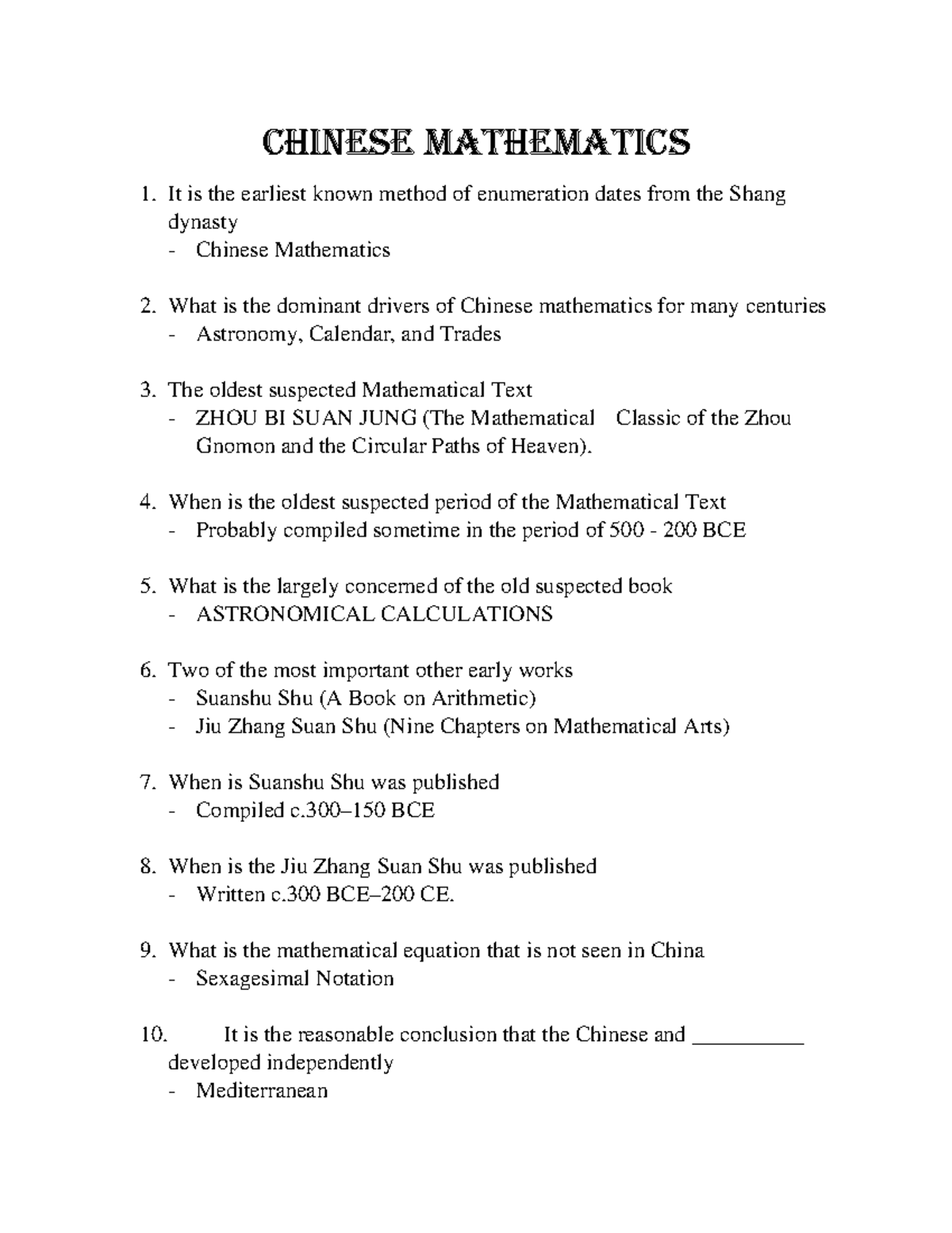 History of Mathematics - Questions - CHINESE MATHEMATICS It is the ...