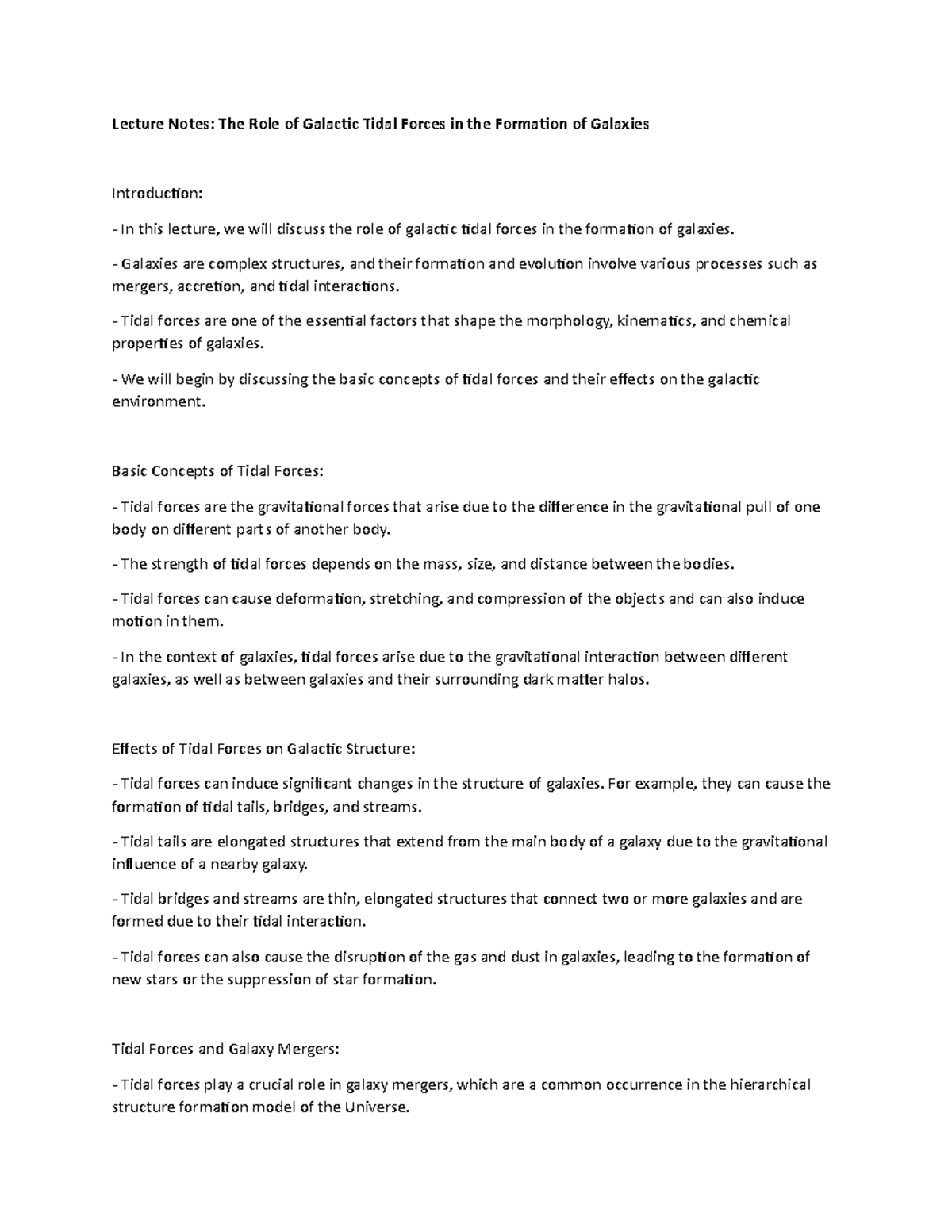 Lecture Notes: The Role of Galactic Tidal Forces in the Formation of ...