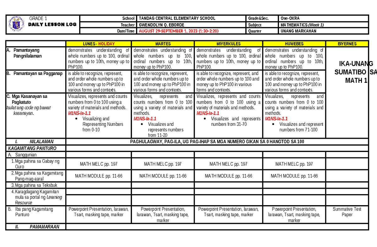 Q1 DLL MATH1 WEEK-1 - asdqwe - GRADE 1 DAILY LESSON LOG School TANDAG ...